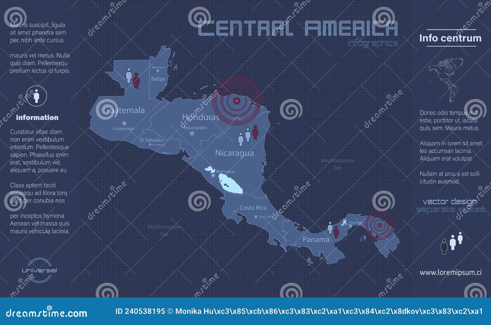 Central America Map, Separate Regions with Names, Infographics Blue ...