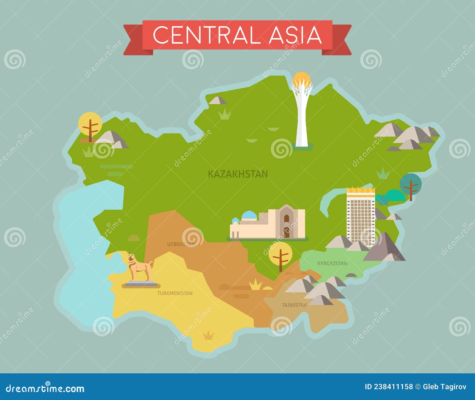 Central Asia Map - 4 Bright Color Scheme. High Detailed Political Map ... Central Asia Map - 4 Bright Color Scheme. High Detailed Political Map ...