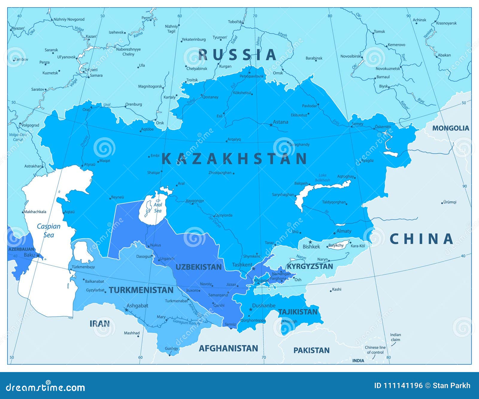 Central Asia Political Map in Colors of Blue Stock Vector ...