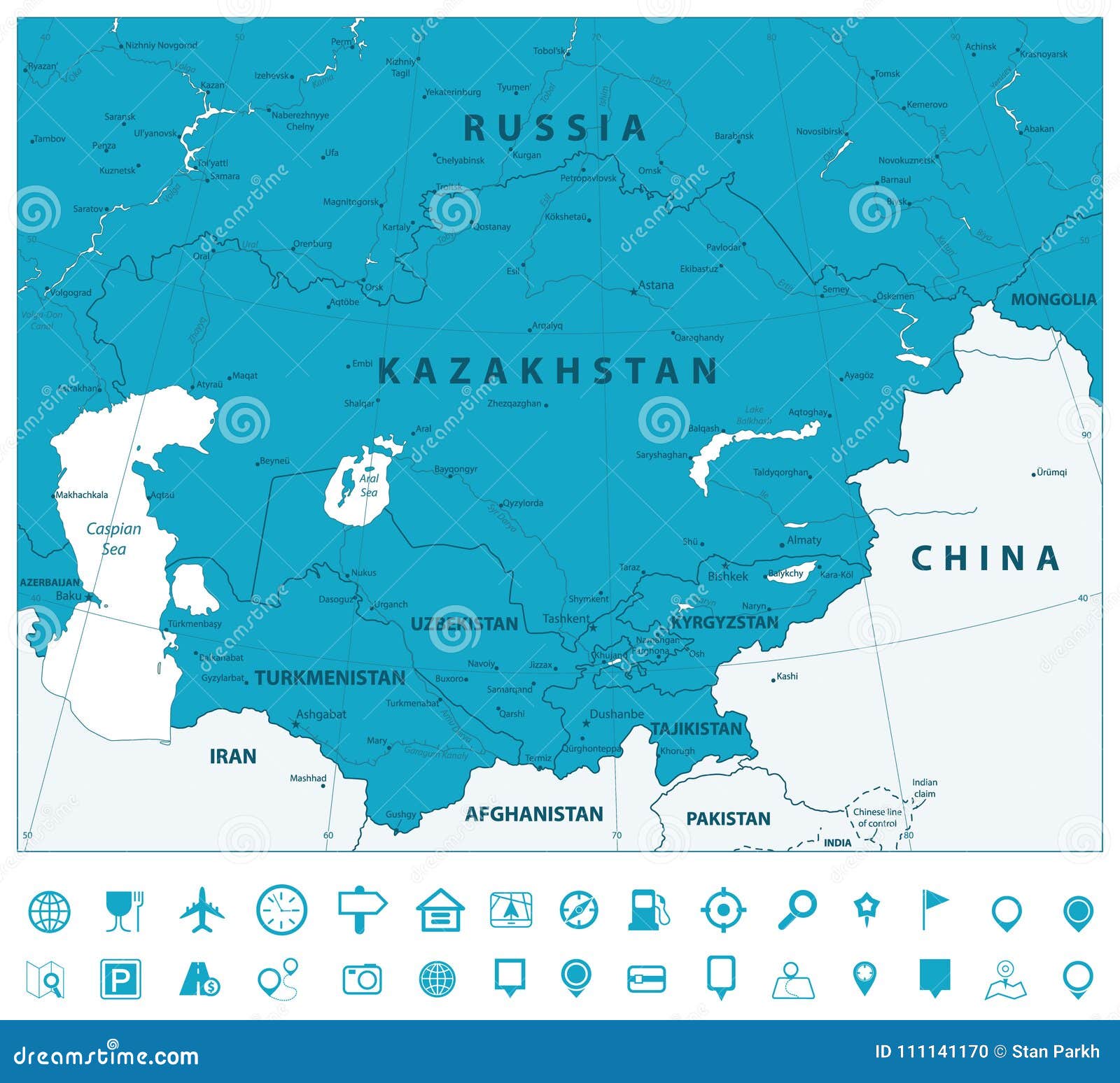 Central Asia Political Map and Navigation Icons Stock Vector ...
