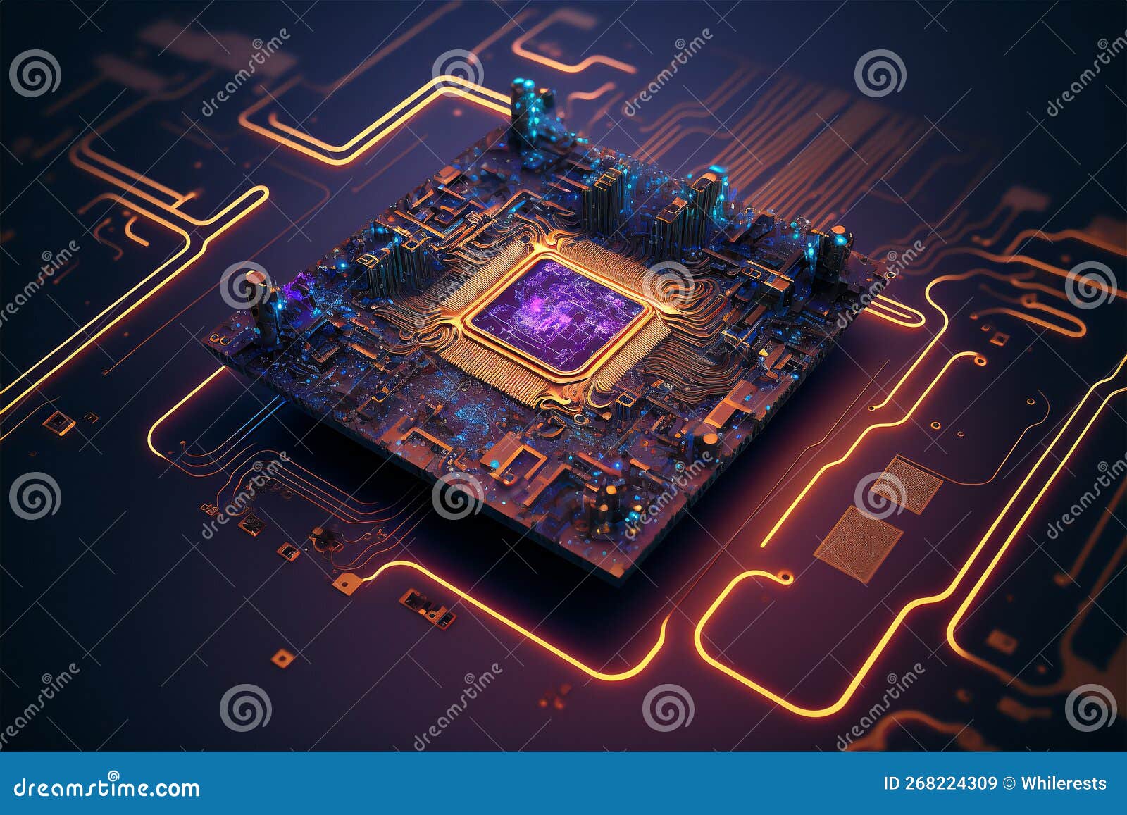 Central Computer Processor with Neon Lights. Cyberspace Motherboard ...