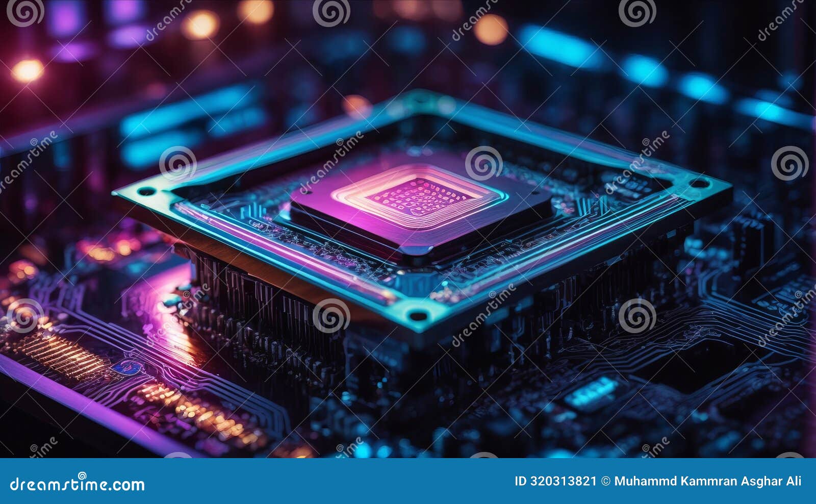 Central Computer Processor with Neon Lights Integrated Microchip ...