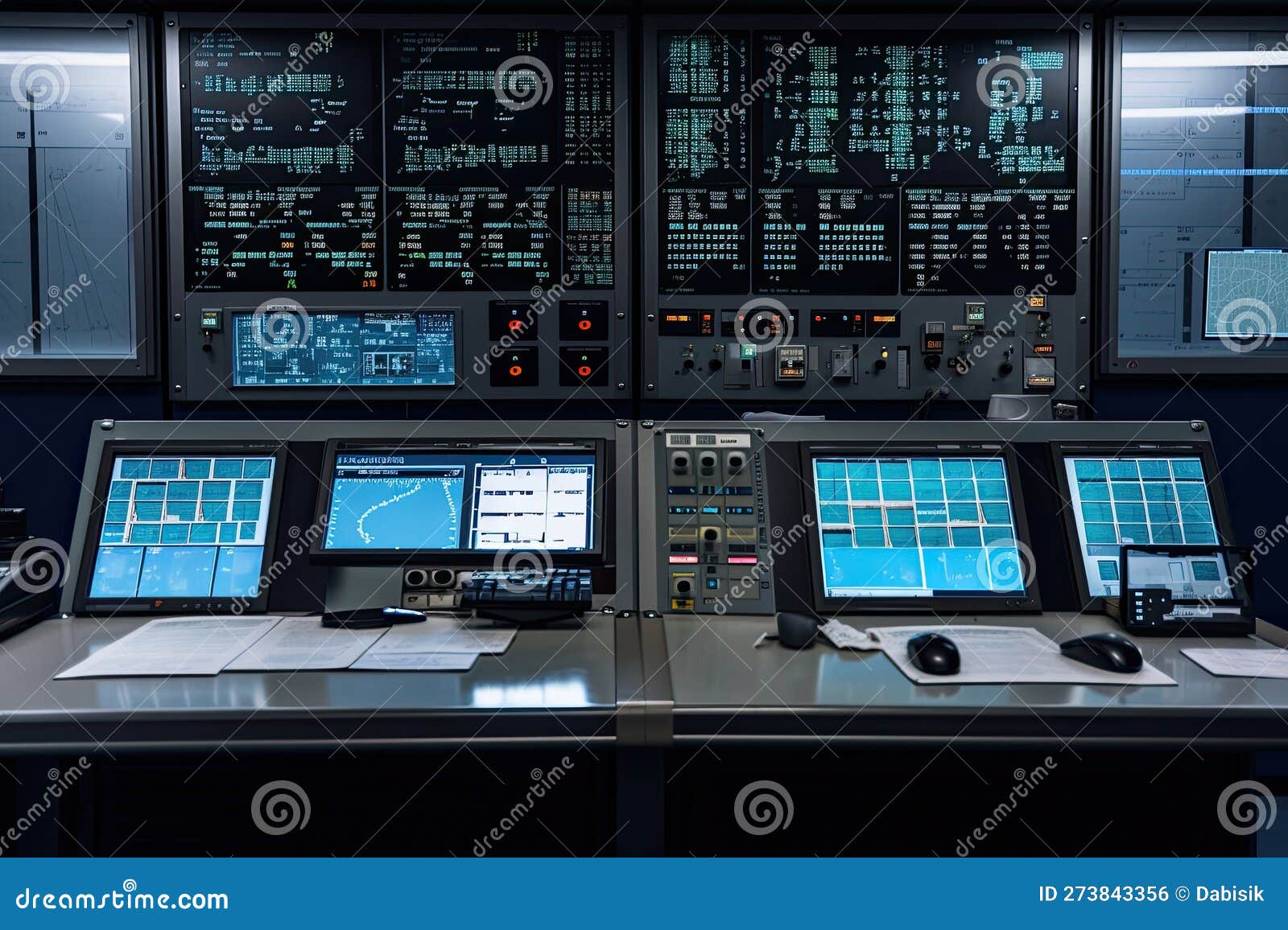Central Control Panel. Operator Workplace with a Lot of Screens and ...