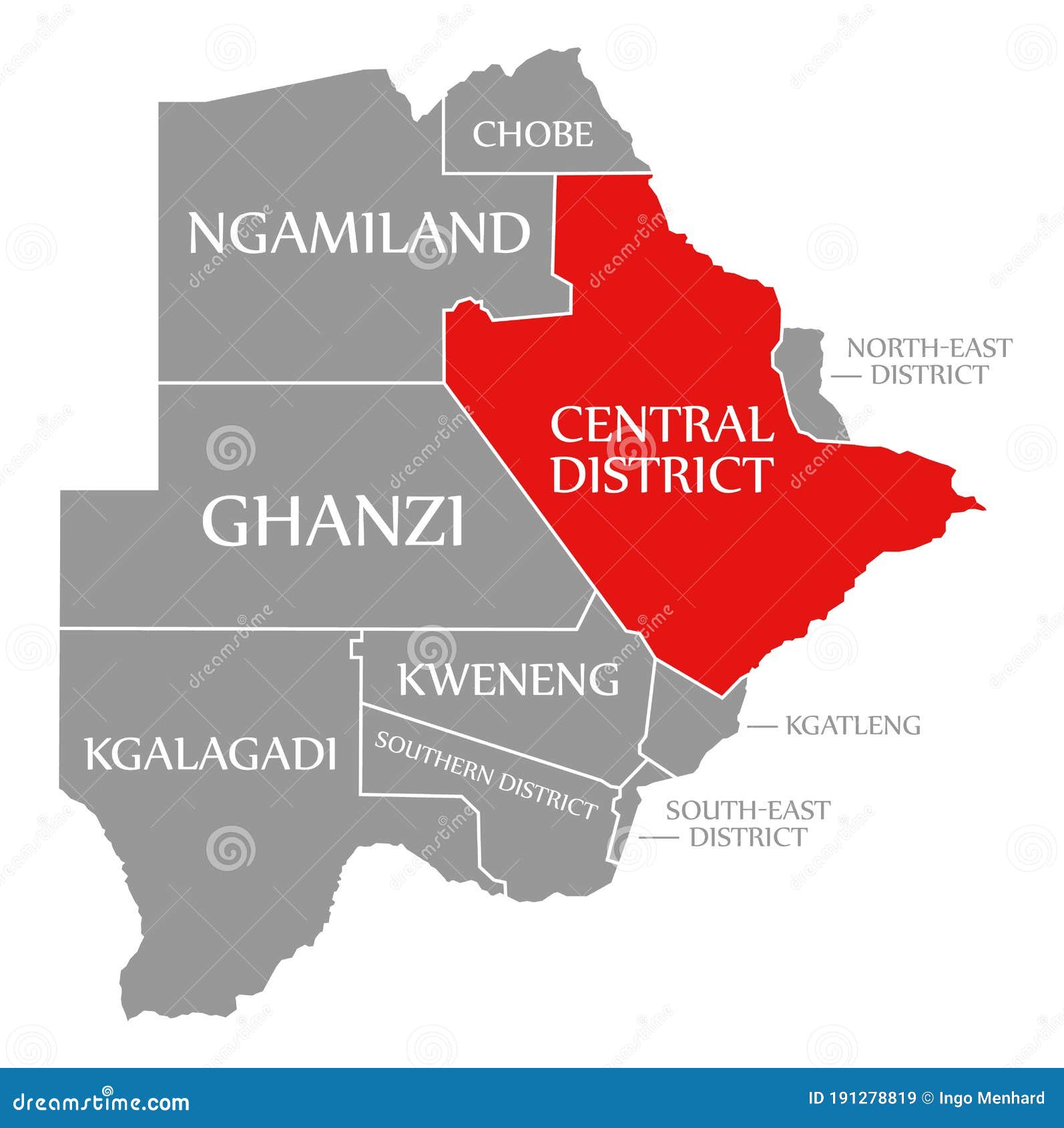 Central District Red Highlighted in Map of Botswana Stock Illustration ...