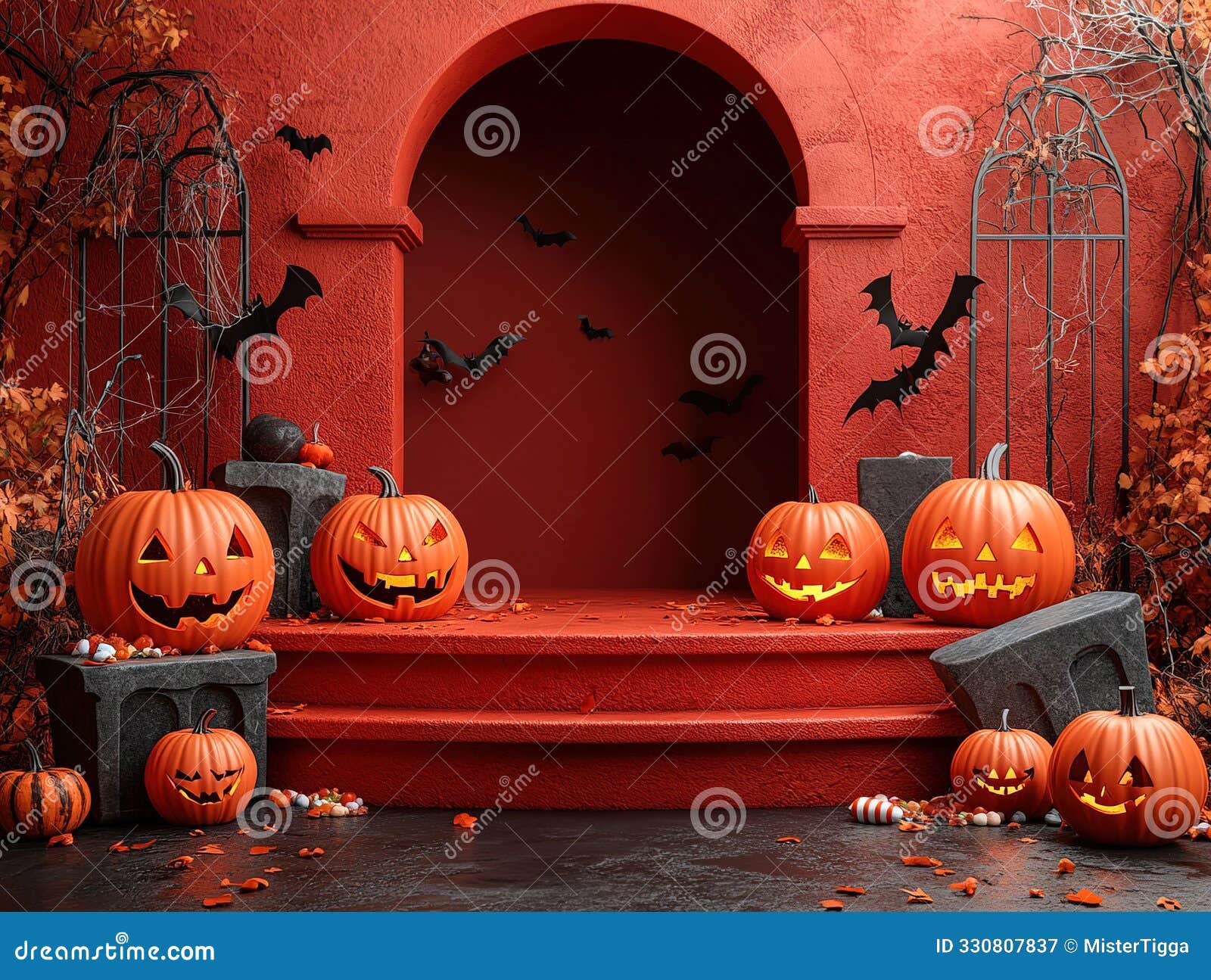 Central Empty 3D Podium with Jack-o -lanterns on Either Side, Framed by ...