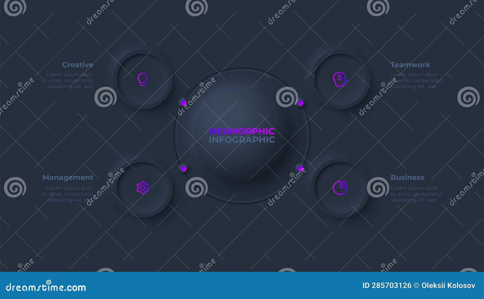 Central Large Circle with 4 Secondary Circles Around. Dark Neumorphism ...