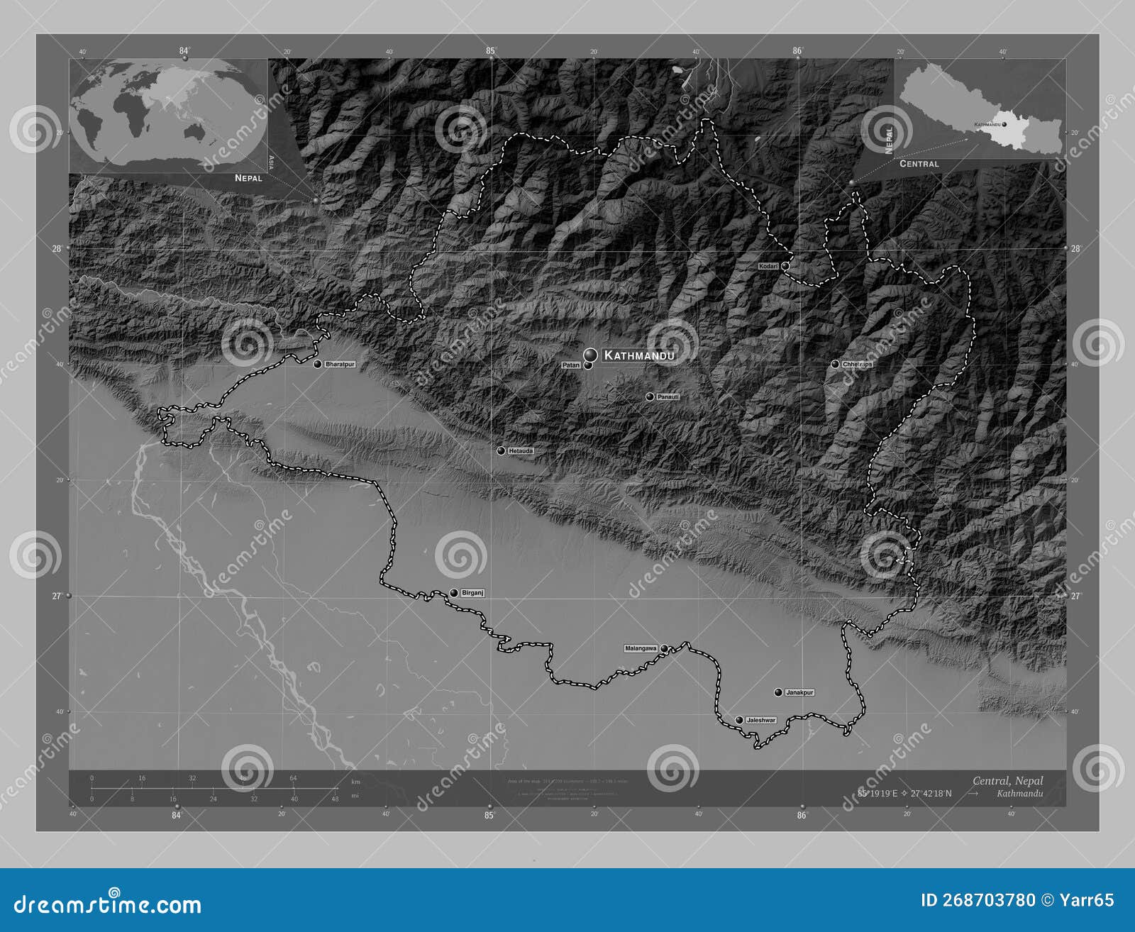 Central, Nepal. Grayscale. Labelled Points of Cities Stock Illustration ...