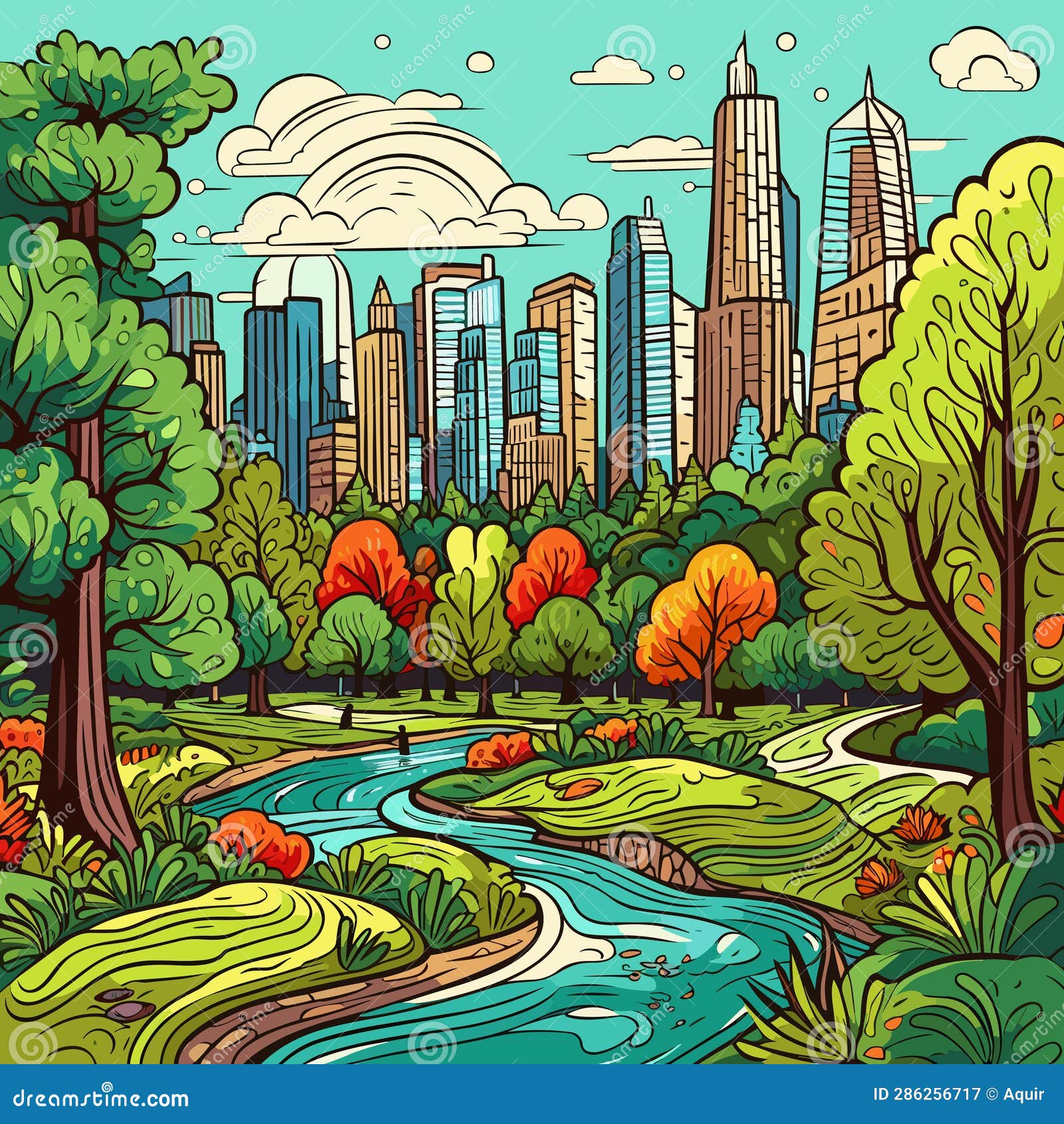 Central Park. Central Park Hand-drawn Comic Illustration. Vector Doodle ...
