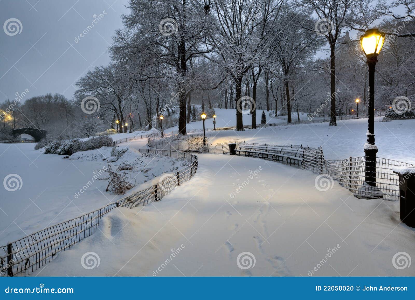 Central Park in snow storm stock photo. Image of city - 22050020