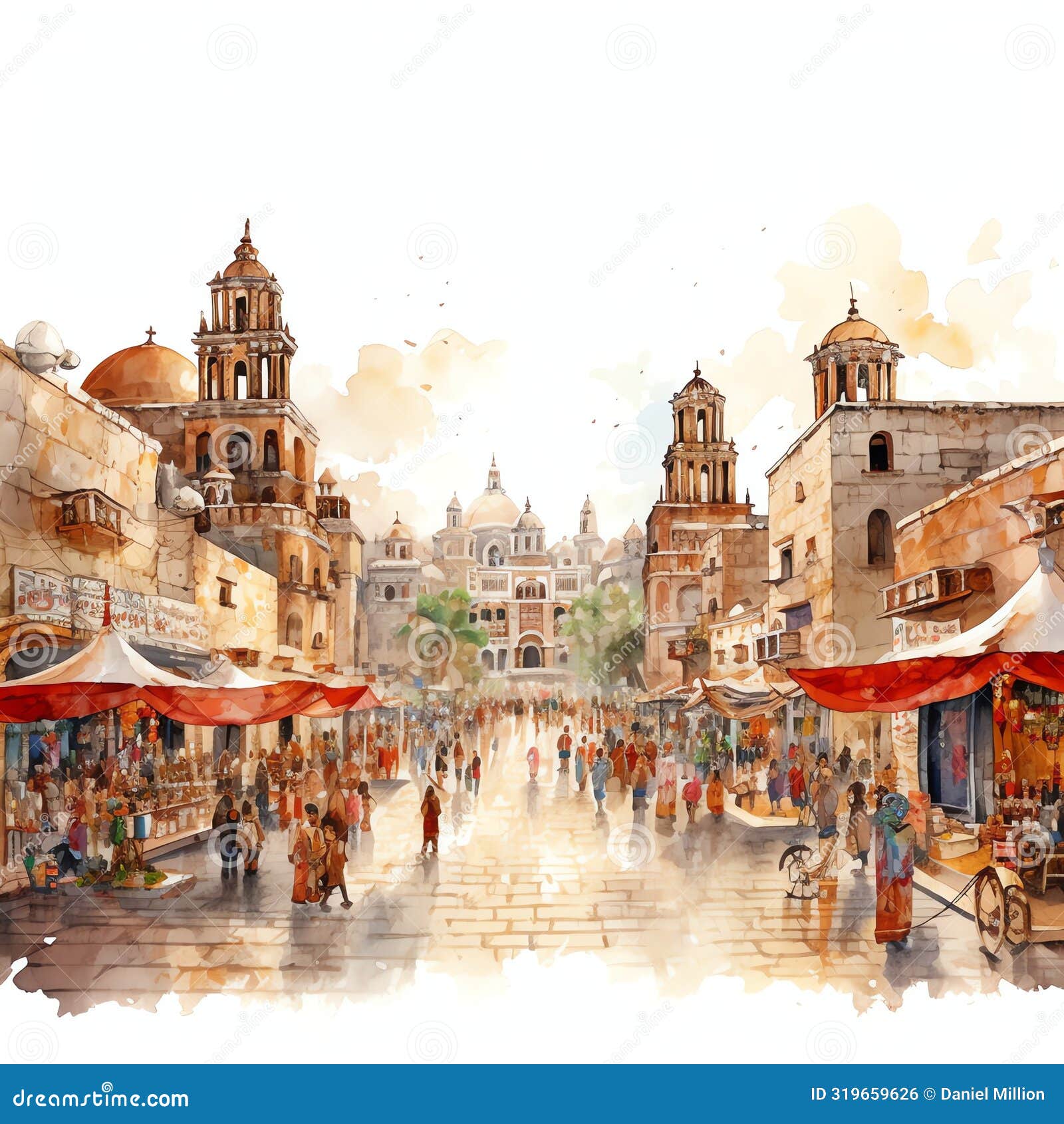 Central Plaza With An Aztec Market And Bustling Activity Illustration ...