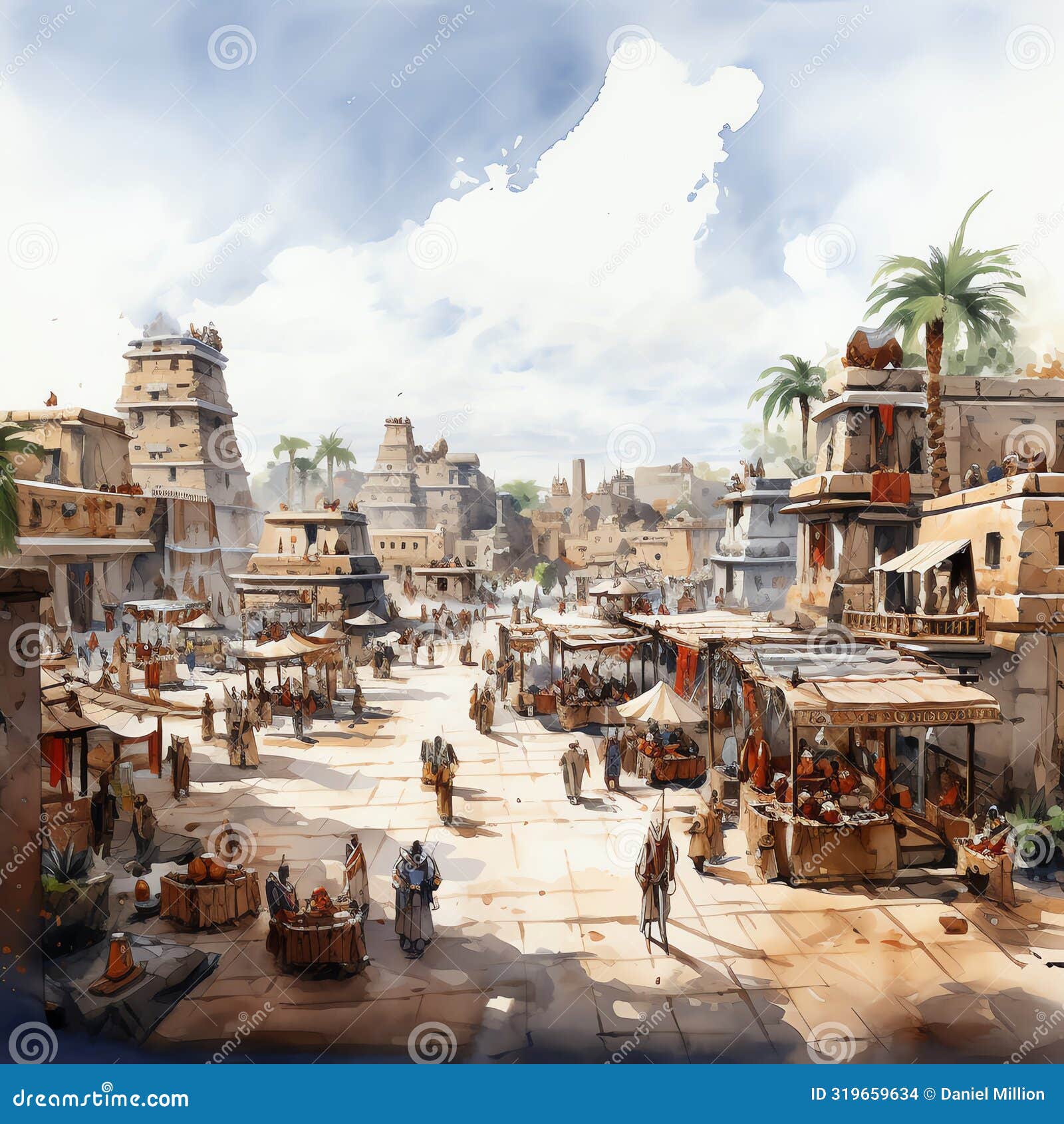 Central Plaza with an Aztec Market and Bustling Activity Illustration ...