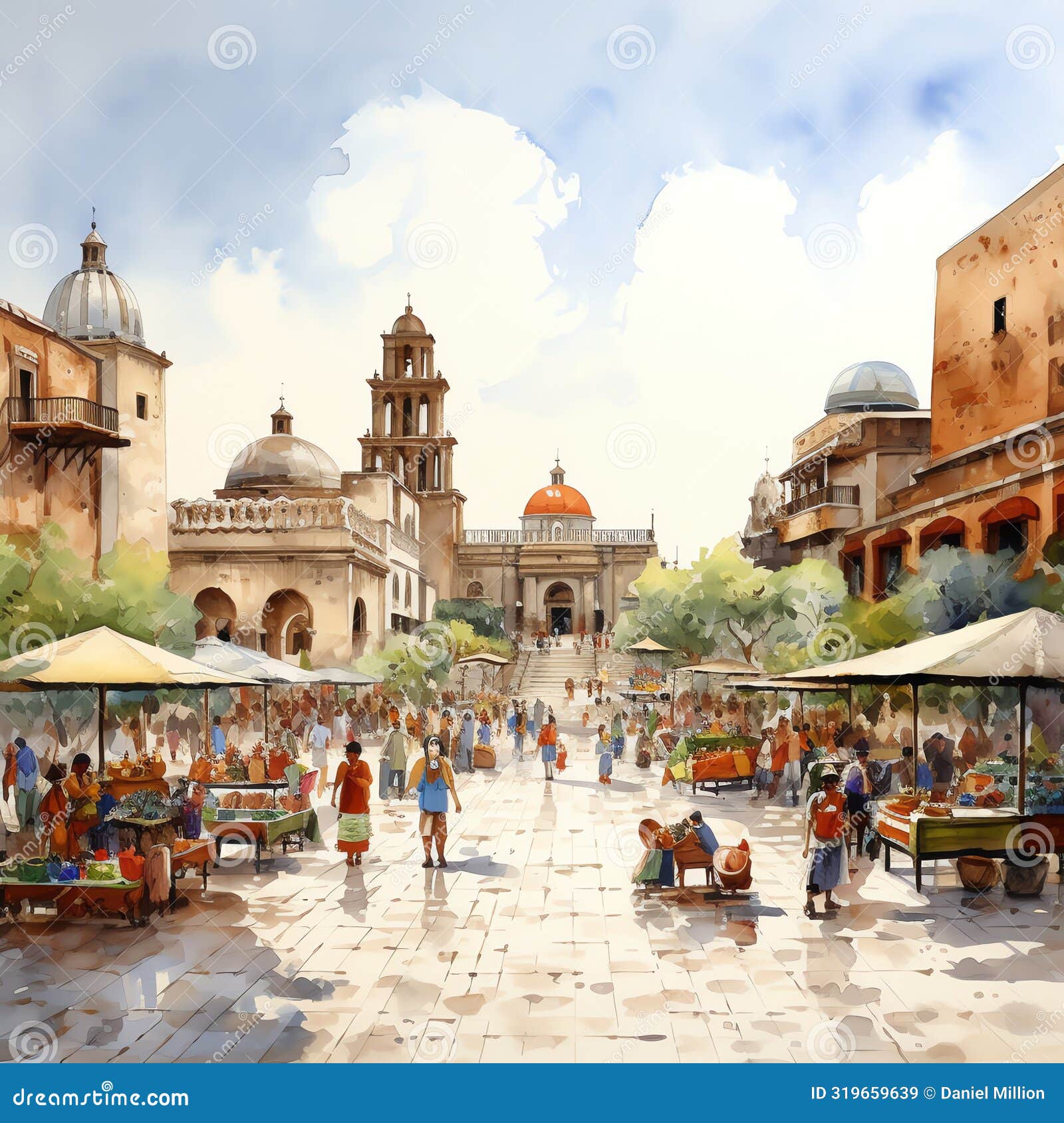 Central Plaza With An Aztec Market And Bustling Activity Illustration ...