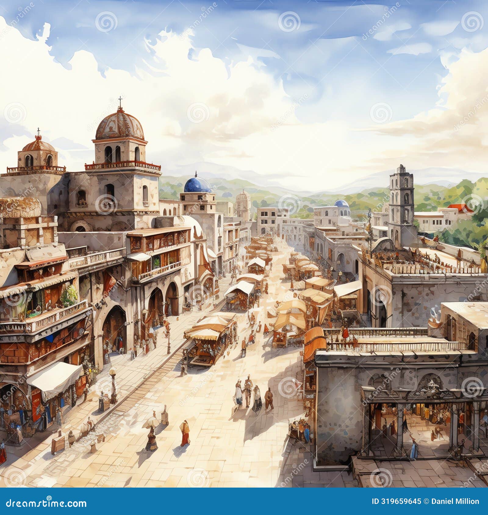Central Plaza With An Aztec Market And Bustling Activity Illustration ...