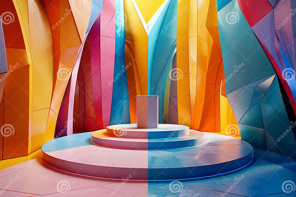 A Central Podium Stage in a Dynamic, Multi-colour Abstract Setting with ...