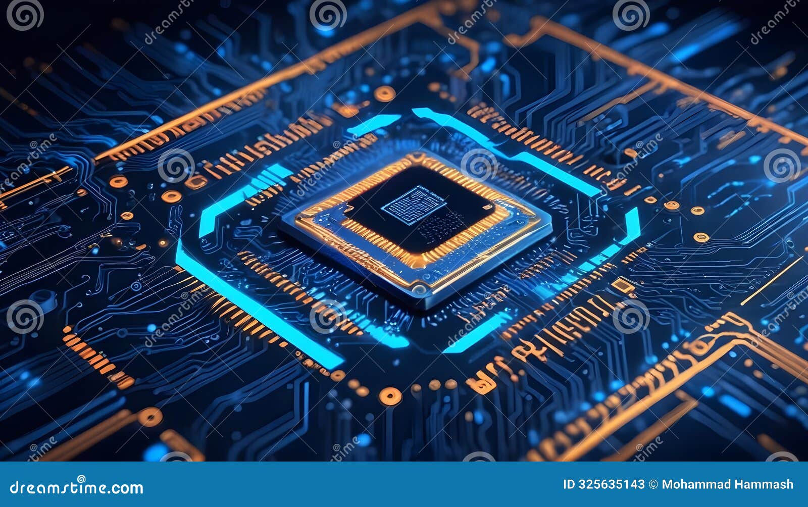 A Central Processing Unit (CPU) Glows with Blue and Orange Light on a ...