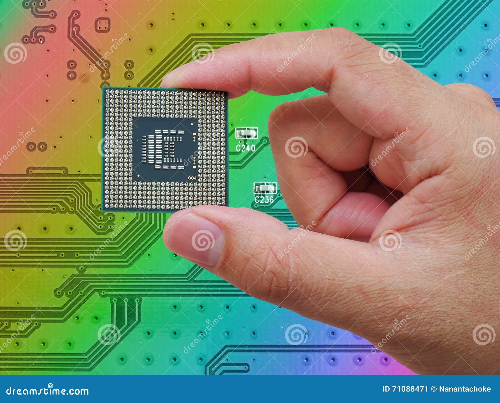 Central Processing Unit (CPU) in Hand on Printed Green Computer Stock ...