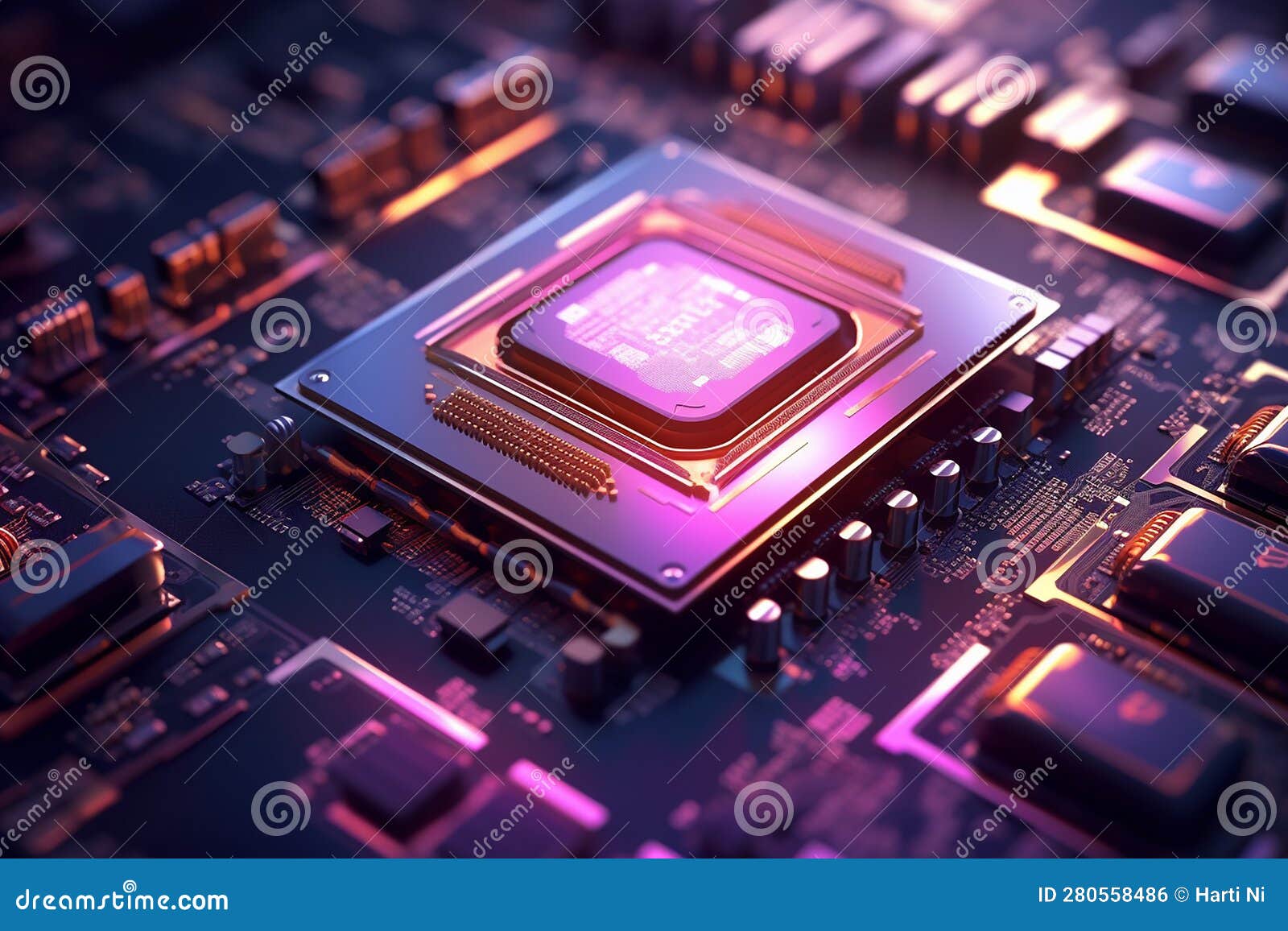 Central Processing Unit with Neon Lights Integrated Microchip on Motherboard System Electronic ...
