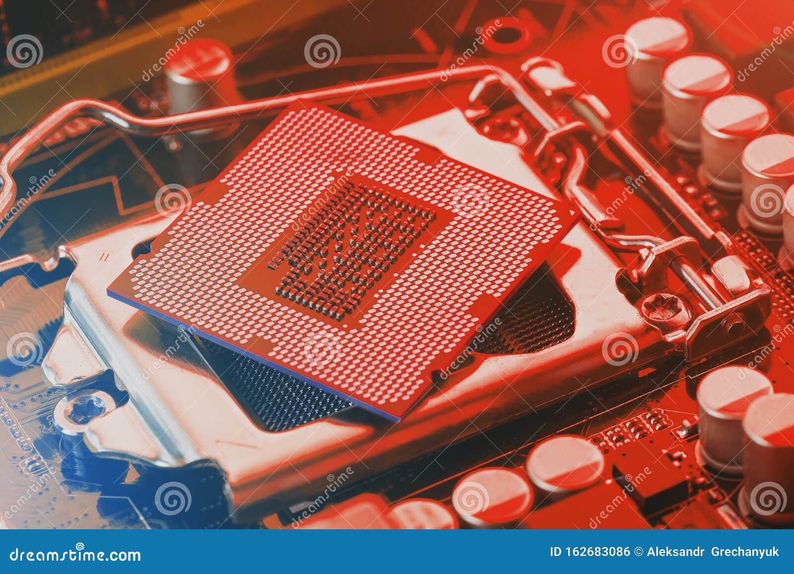 The Central Processor on the Computer Motherboard in Red Colors Stock ...