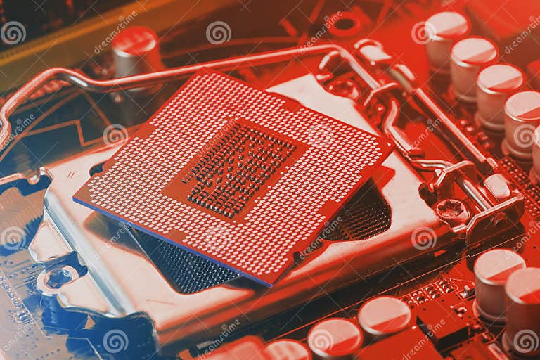 The Central Processor on the Computer Motherboard in Red Colors Stock ...