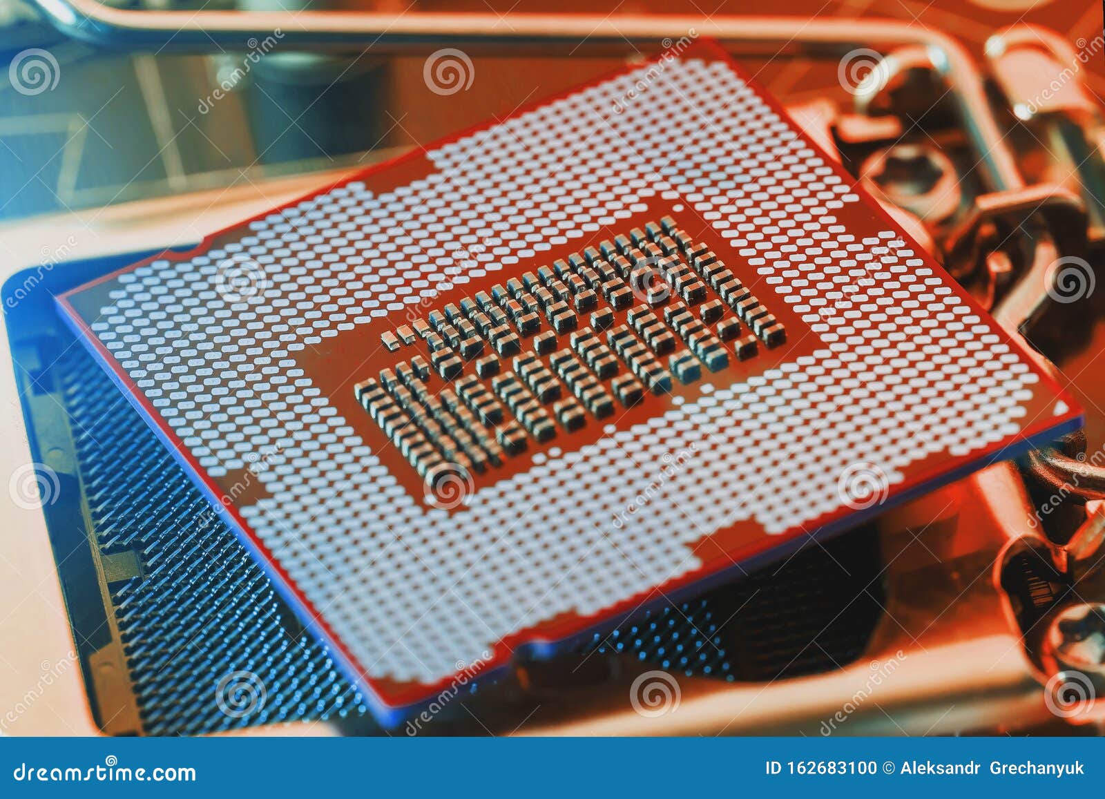 The Central Processor on the Computer Motherboard in Red Colors Stock ...