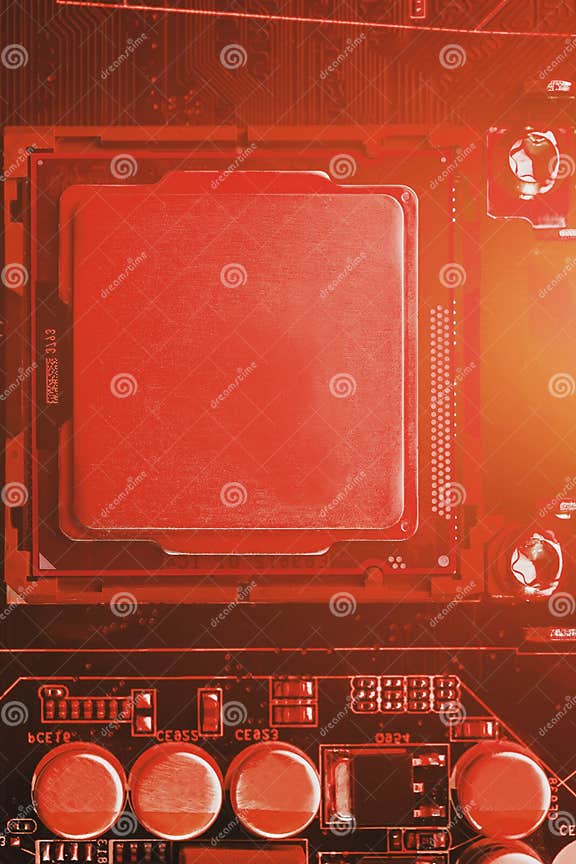 The Central Processor on the Computer Motherboard in Red Colors Stock ...