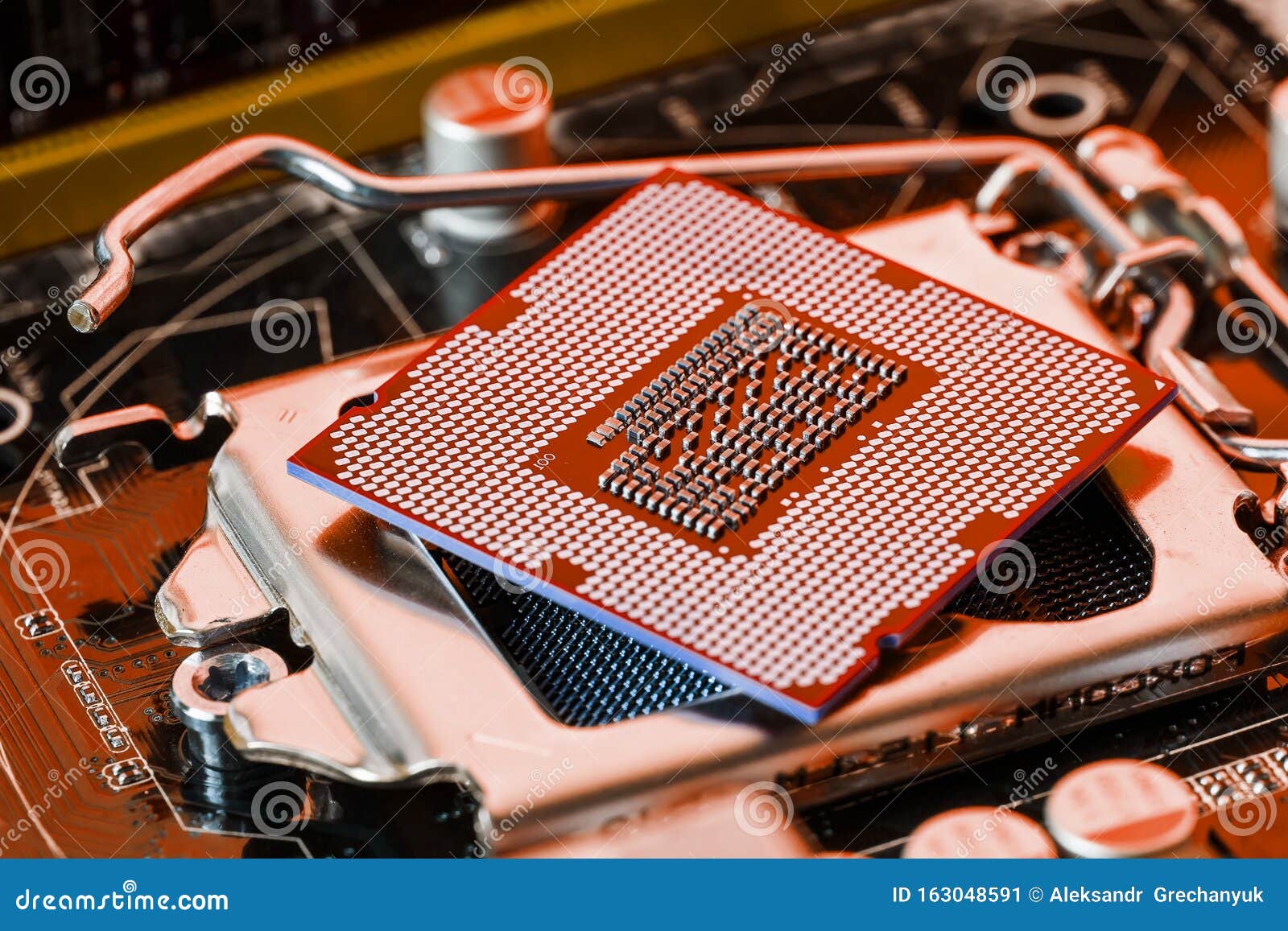 The Central Processor on the Computer Motherboard in Red Colors Stock ...