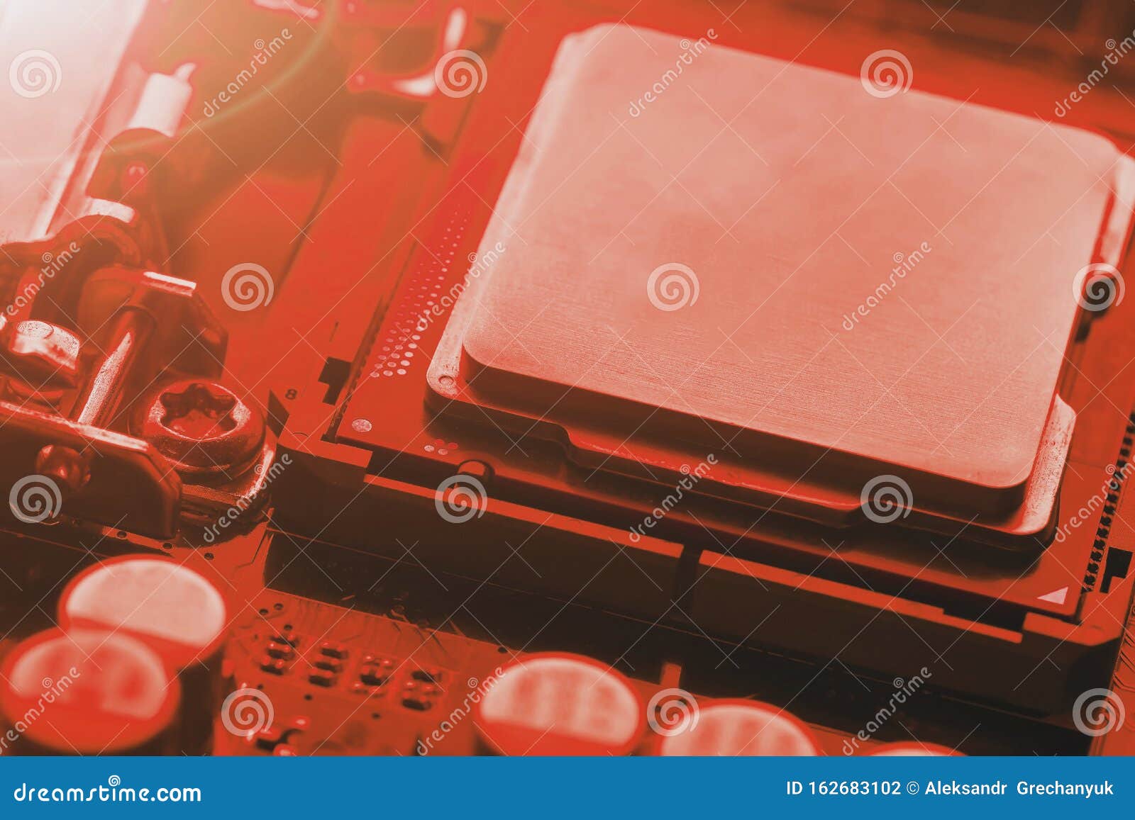 The Central Processor on the Computer Motherboard in Red Colors Stock ...