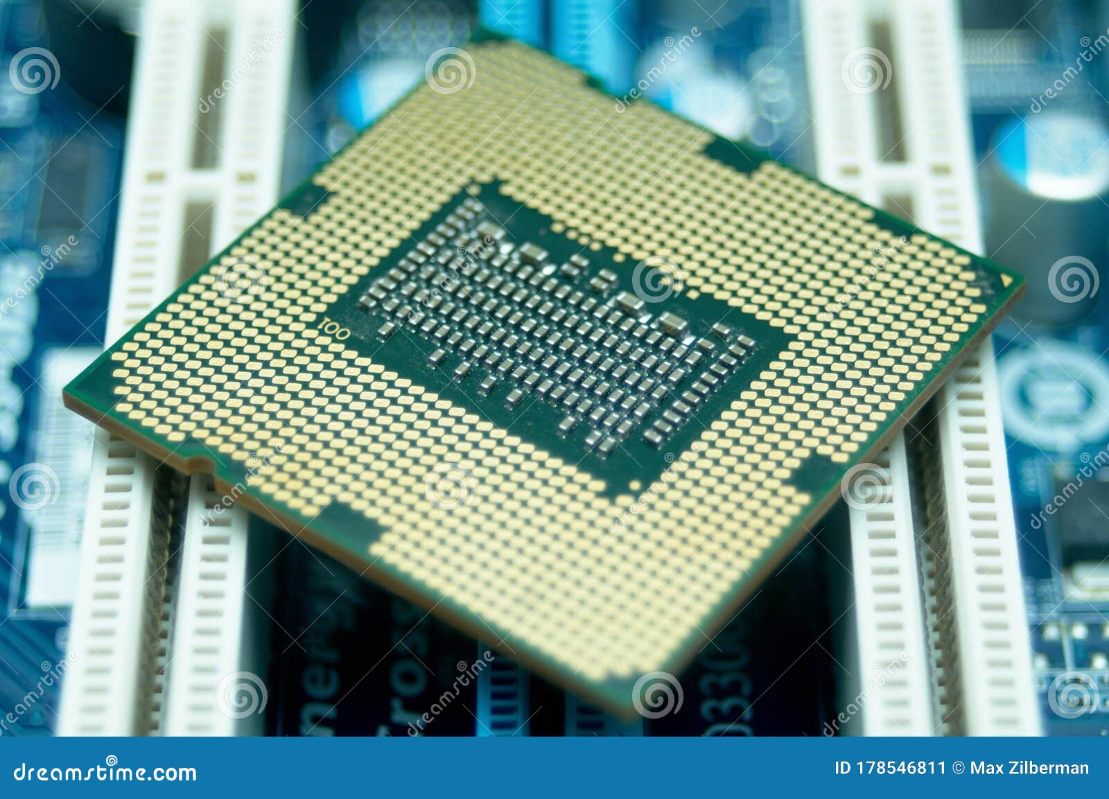 Central Processor Unit CPU Chip Over Slots on Computer Motherboard ...