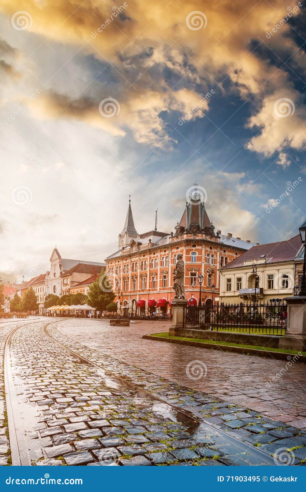 Central Square in Kosice with Tram Rails after Rain Stock Image - Image ...