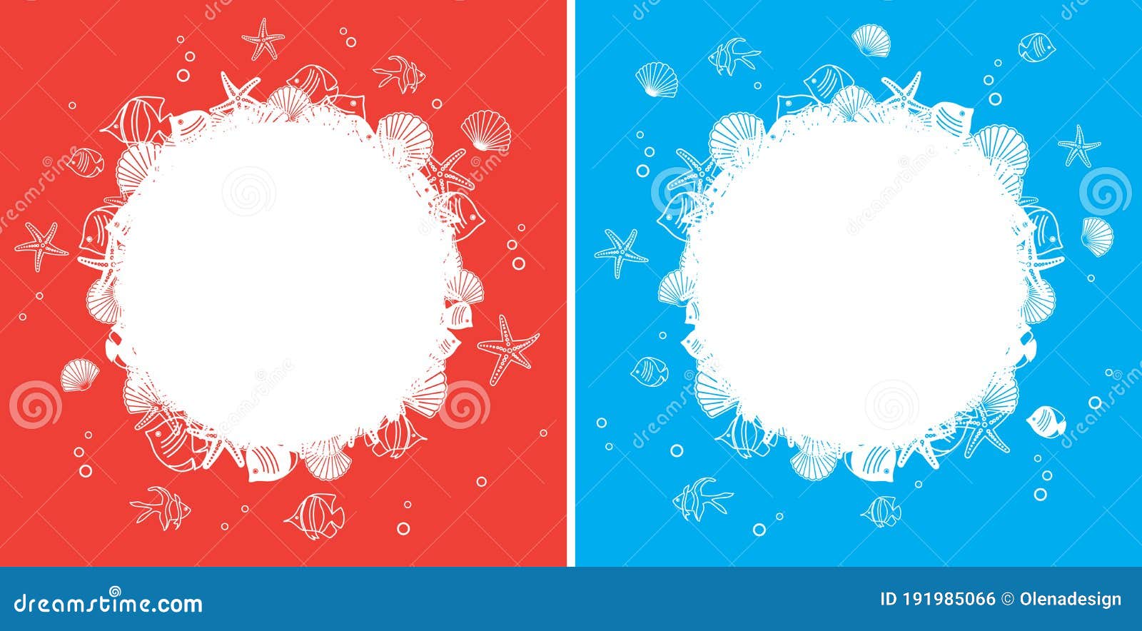 Central White Frame with Seashells and Fish - Red and Blue Vector ...