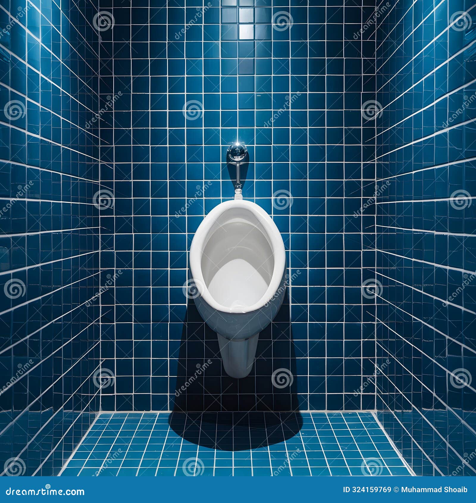 Central White Urinal on Blue Tiled Wall, Showcasing Functional Bathroom ...