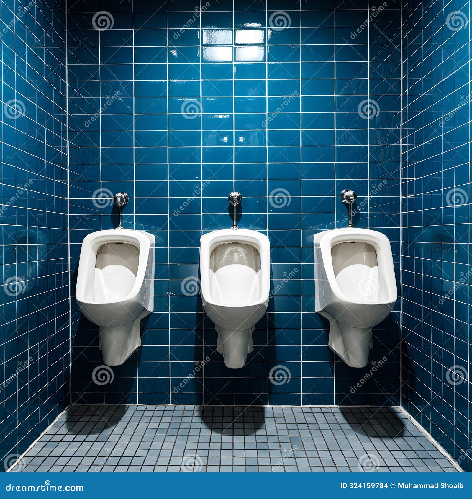 Central White Urinal on Blue Tiled Wall, Showcasing Functional Bathroom ...