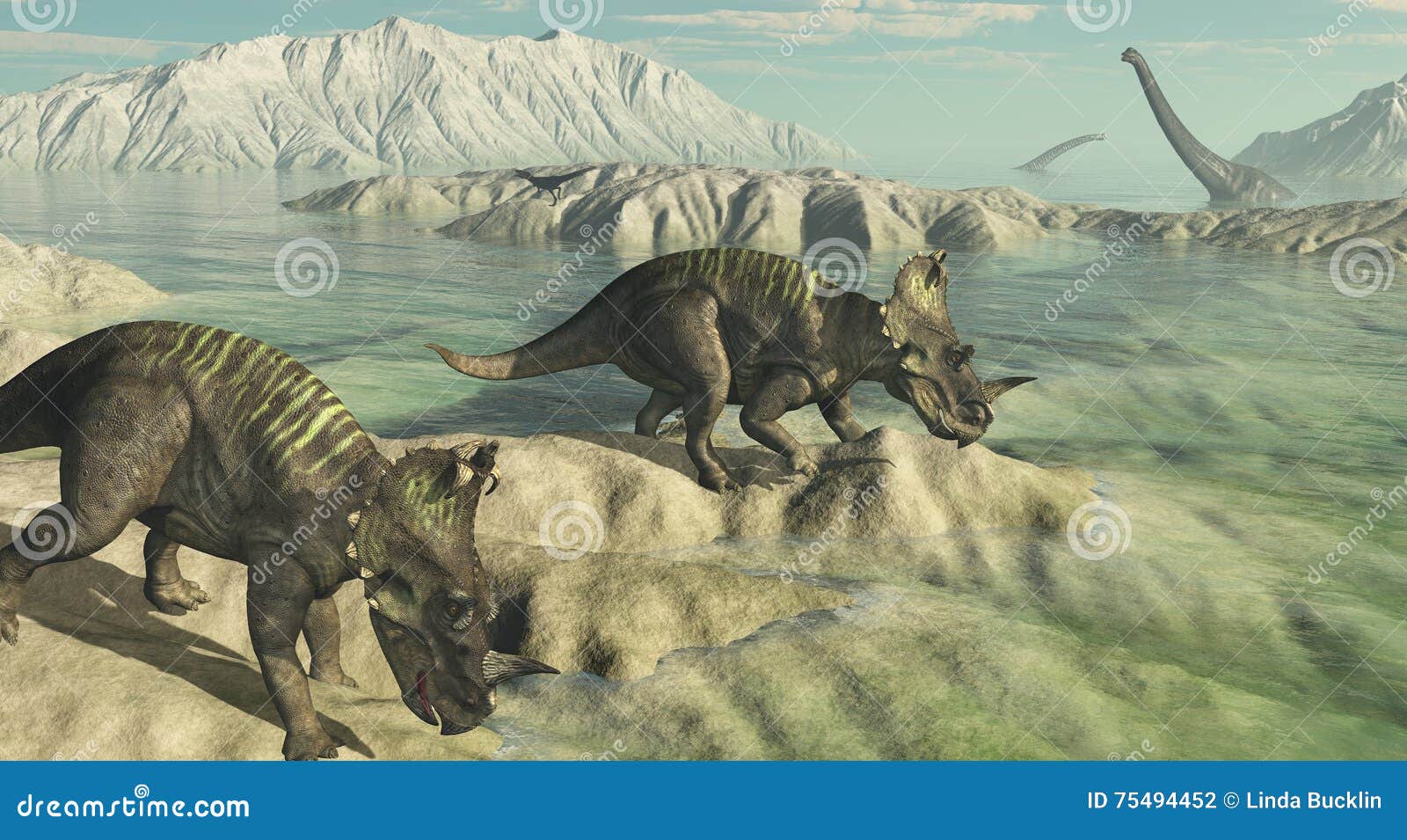 Centrosaurus Dinosaurs Exploring Landscape Stock Illustration ...
