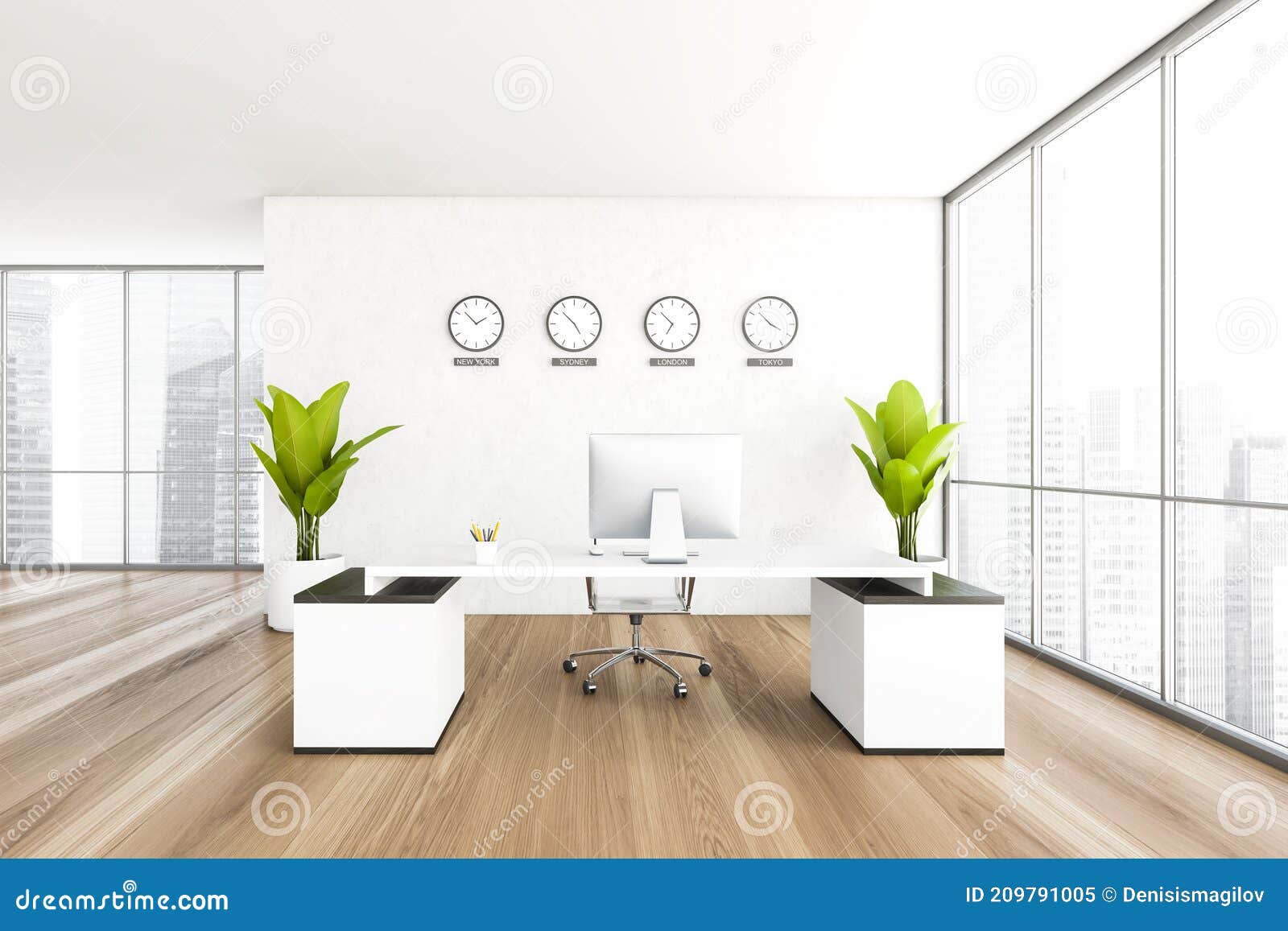 CEO Office Interior with a Wooden Table, a Computer Standing on it ...