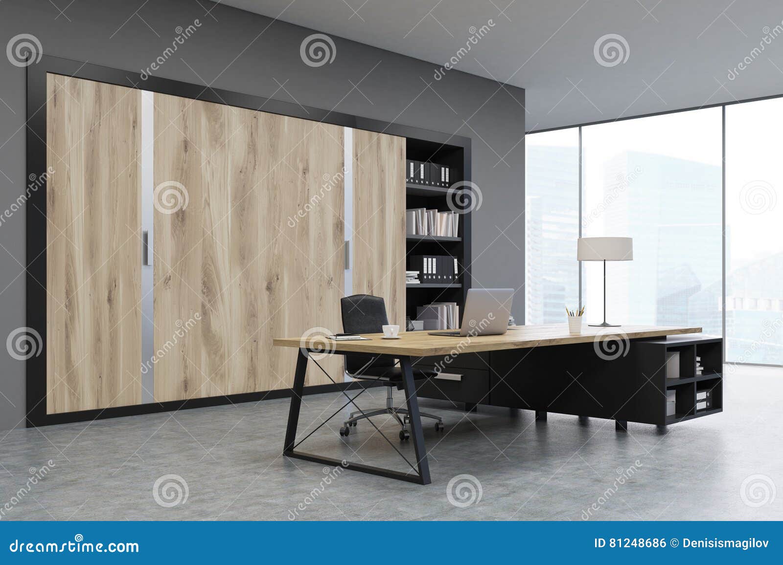 CEO Office with Wooden Doors and a Bookcase Stock Illustration ...