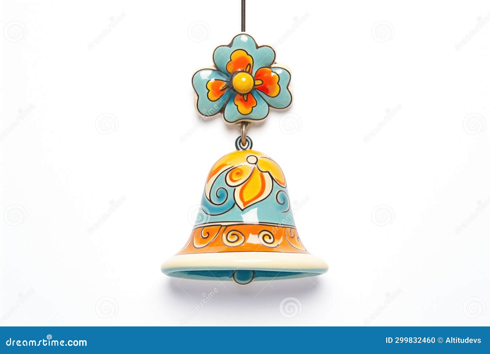 A Ceramic Bell with Painted Details Hanging from a Metal Rod Stock ...