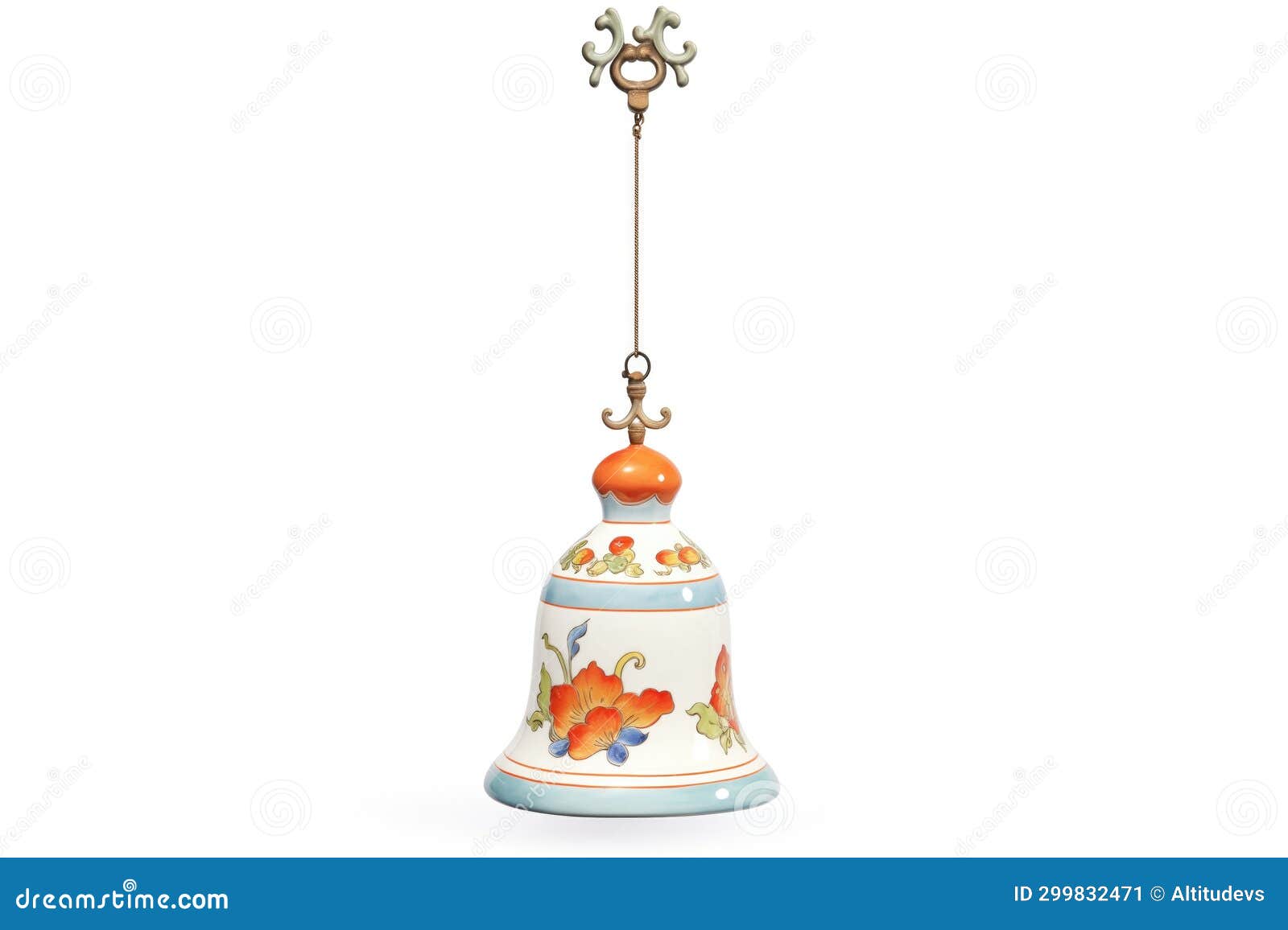 A Ceramic Bell with Painted Details Hanging from a Metal Rod Stock ...