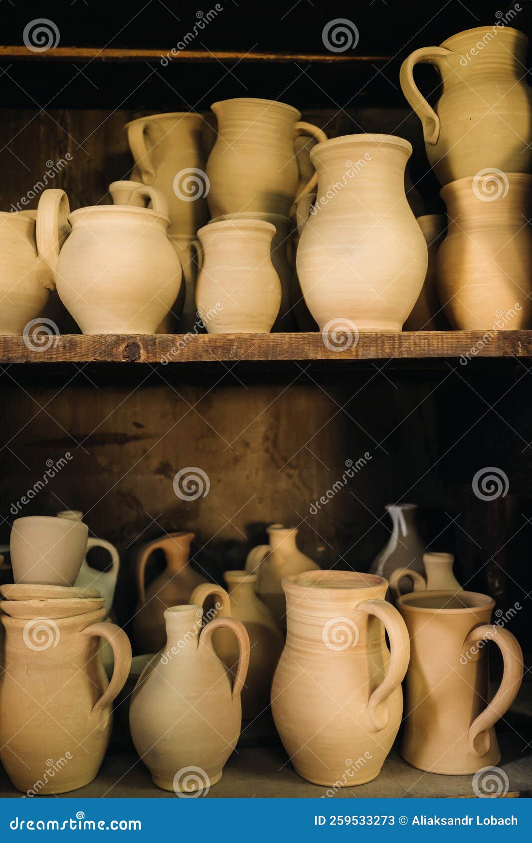 Ceramic Clay Jugs Standing on a Shelf in the Village Stock Image ...