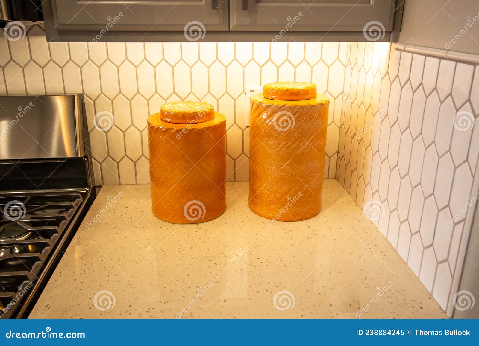 Ceramic Containers with Lids on Kitchen Counter Stock Image - Image of ...