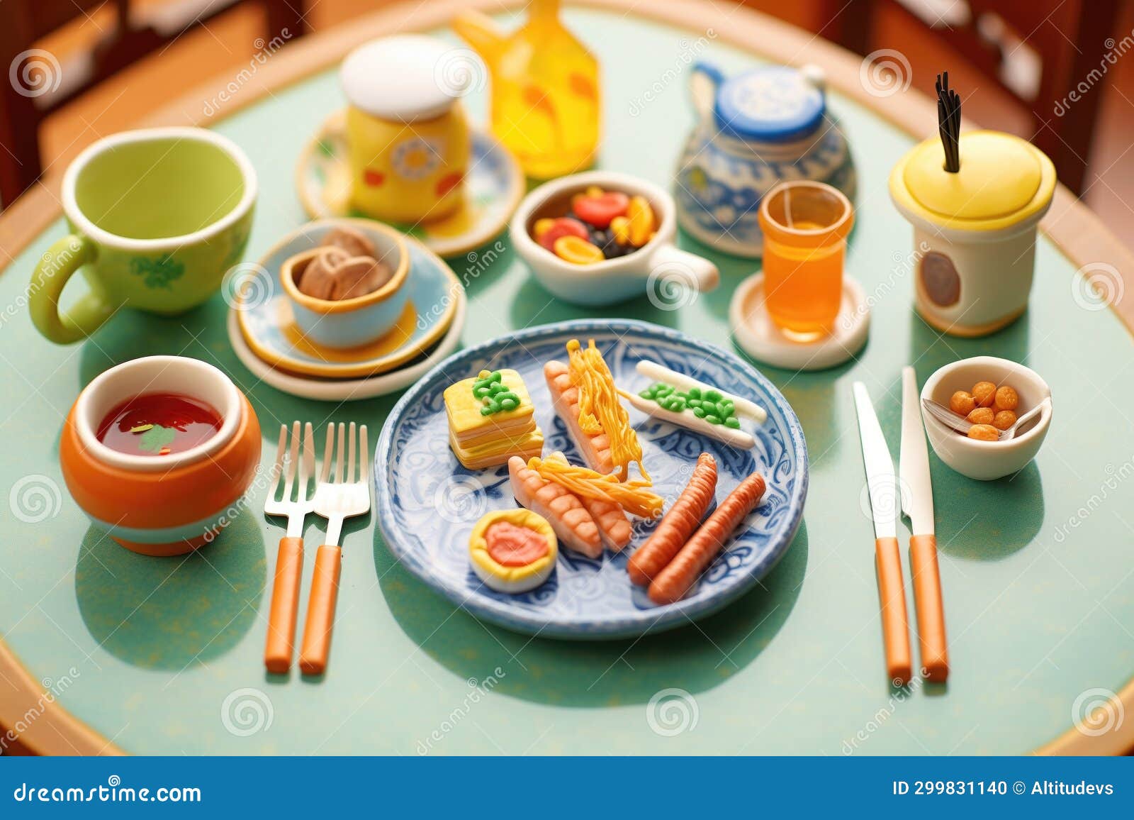 Ceramic Food Replicas on a Miniature Dinner Table Stock Photo - Image ...