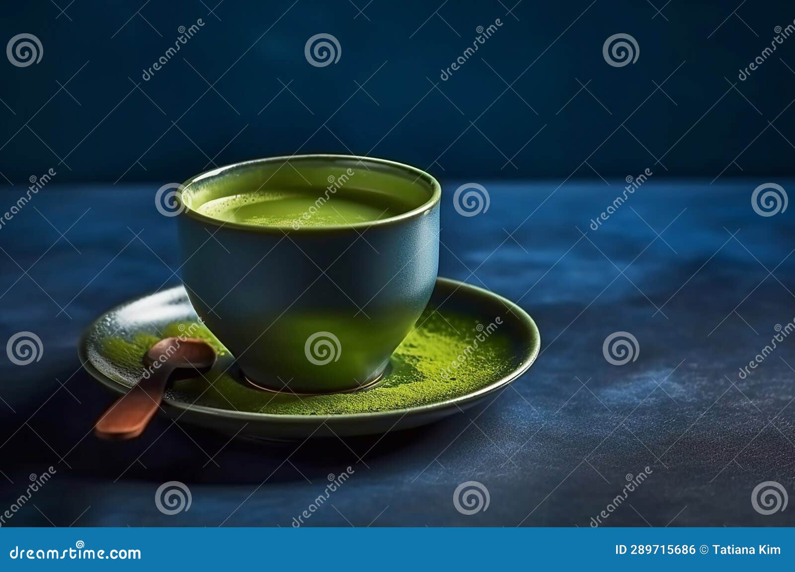 Ceramic Mug with Green Matcha Tea Close-up on Blue Background. Stock ...