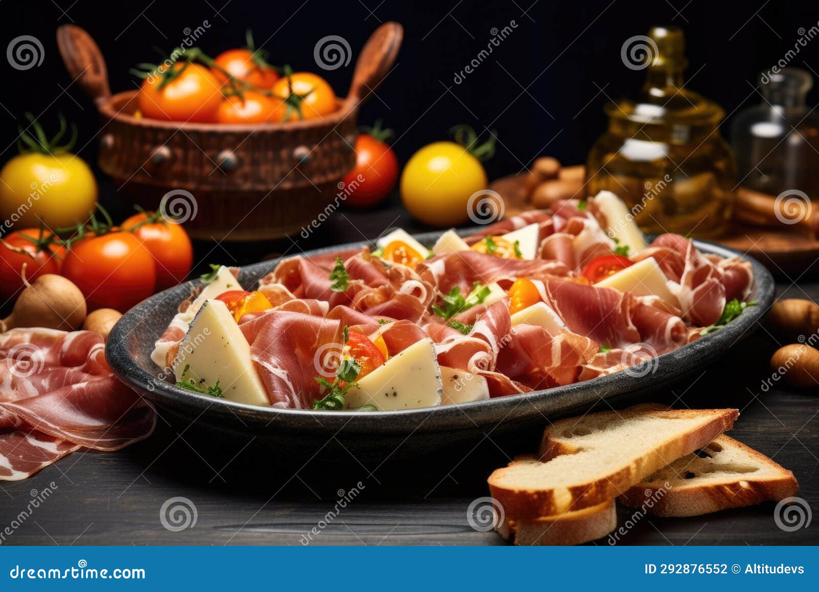 Ceramic Plate Filled with Cheese and Prosciutto Bruschetta Stock Photo ...