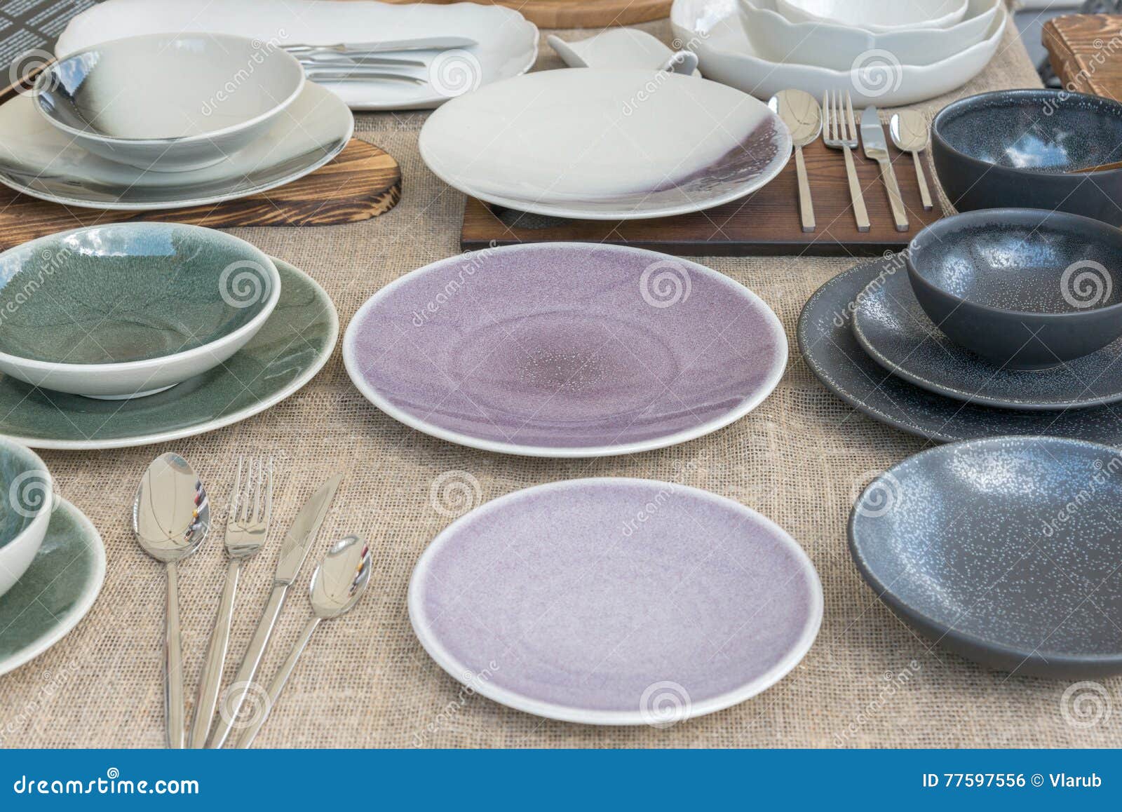 Ceramic Plates and Cups of Different Colors Stock Photo - Image of ...