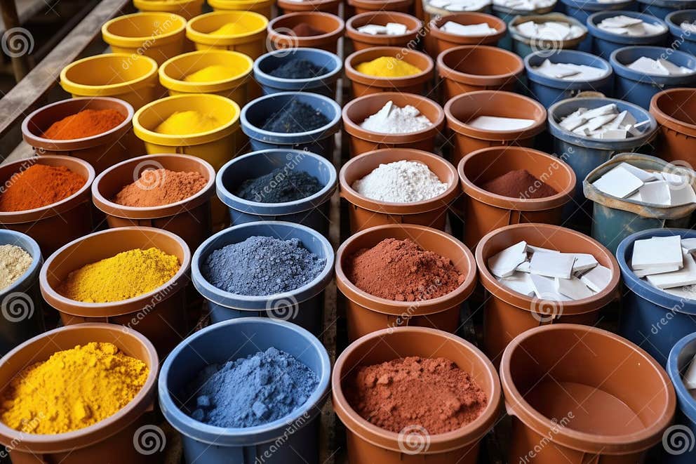 Ceramic Raw Materials in Buckets Stock Photo - Image of manufacturing ...