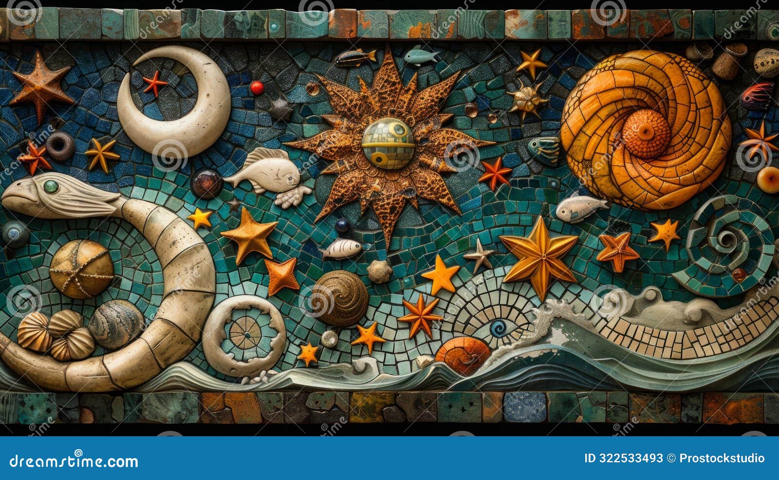 Ceramic Sea Life Mosaic Artwork Featuring Stars, Fish, and a Moon Stock ...