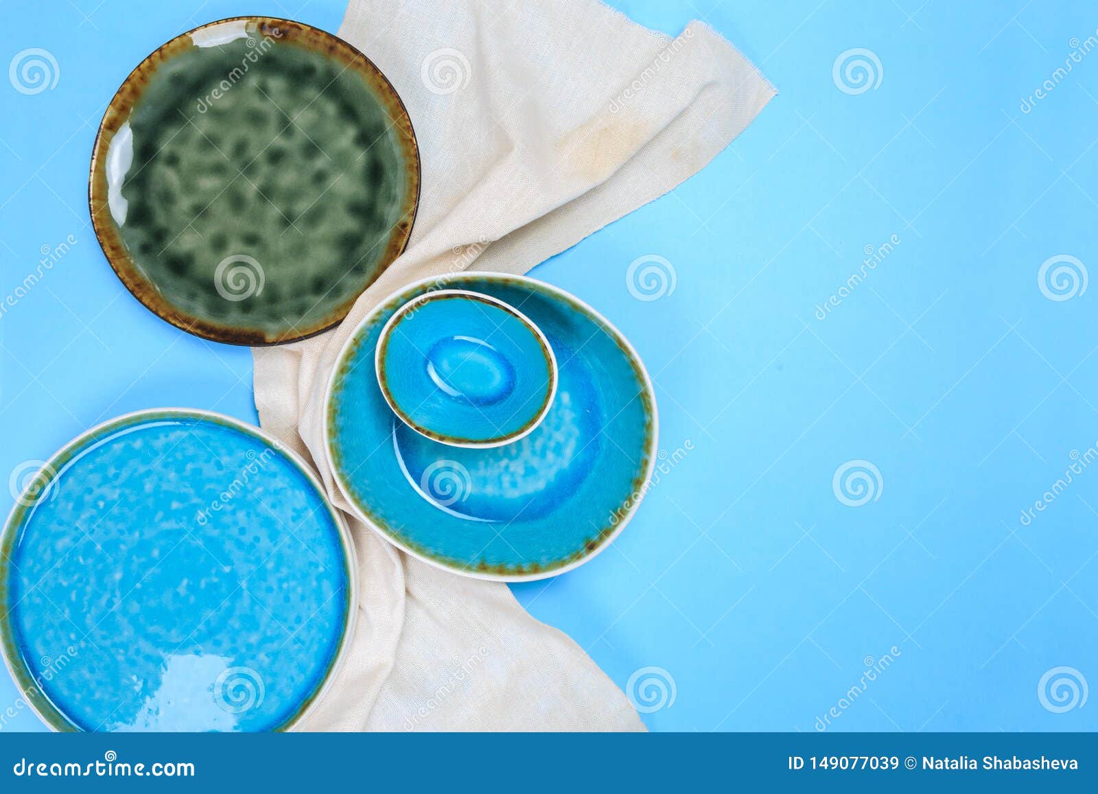 Simple Rustic Handmade Ceramic Tableware on Blue Background Stock Image ...