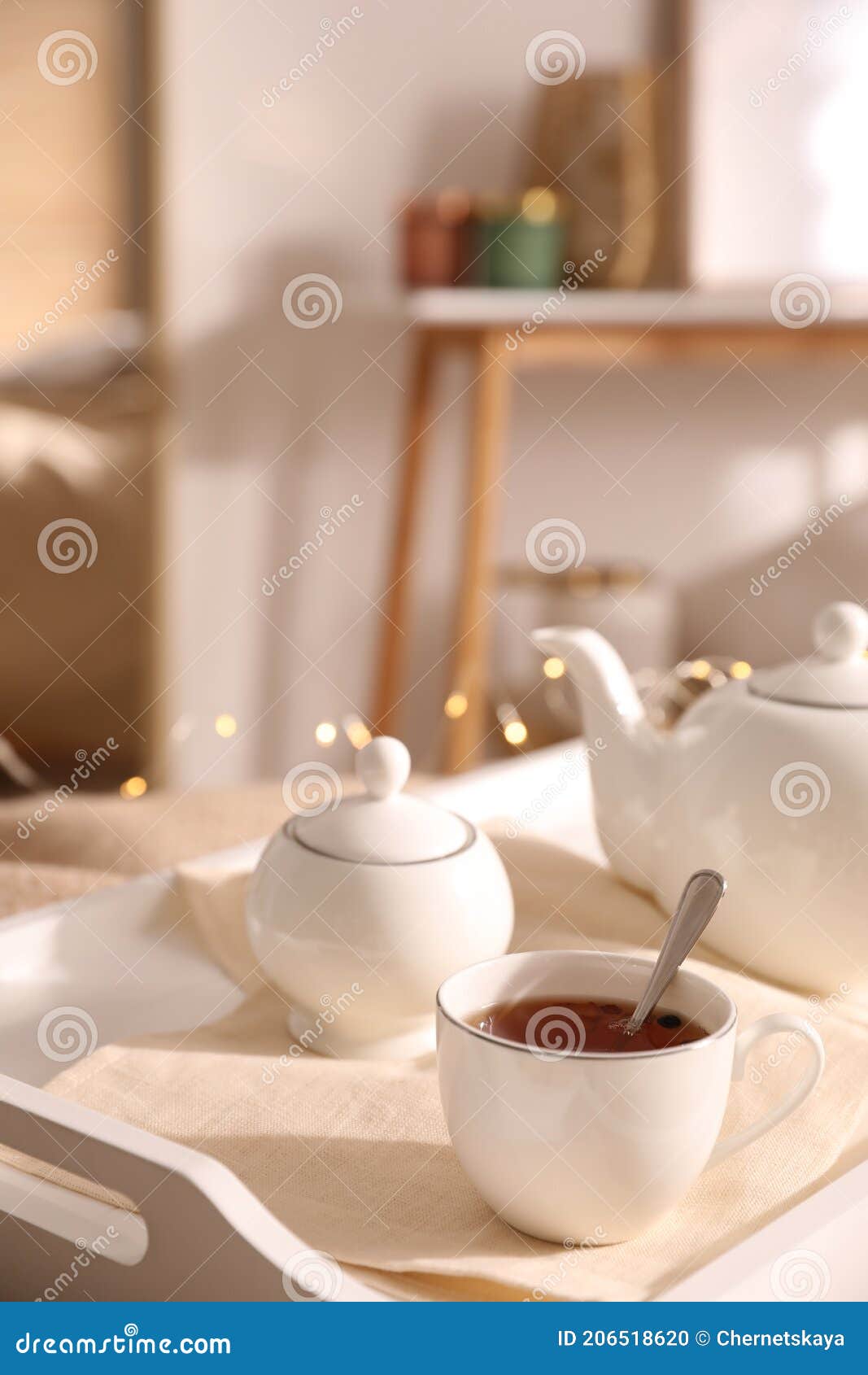 Ceramic Tea Set on White Tray in Room Stock Photo - Image of blurred ...