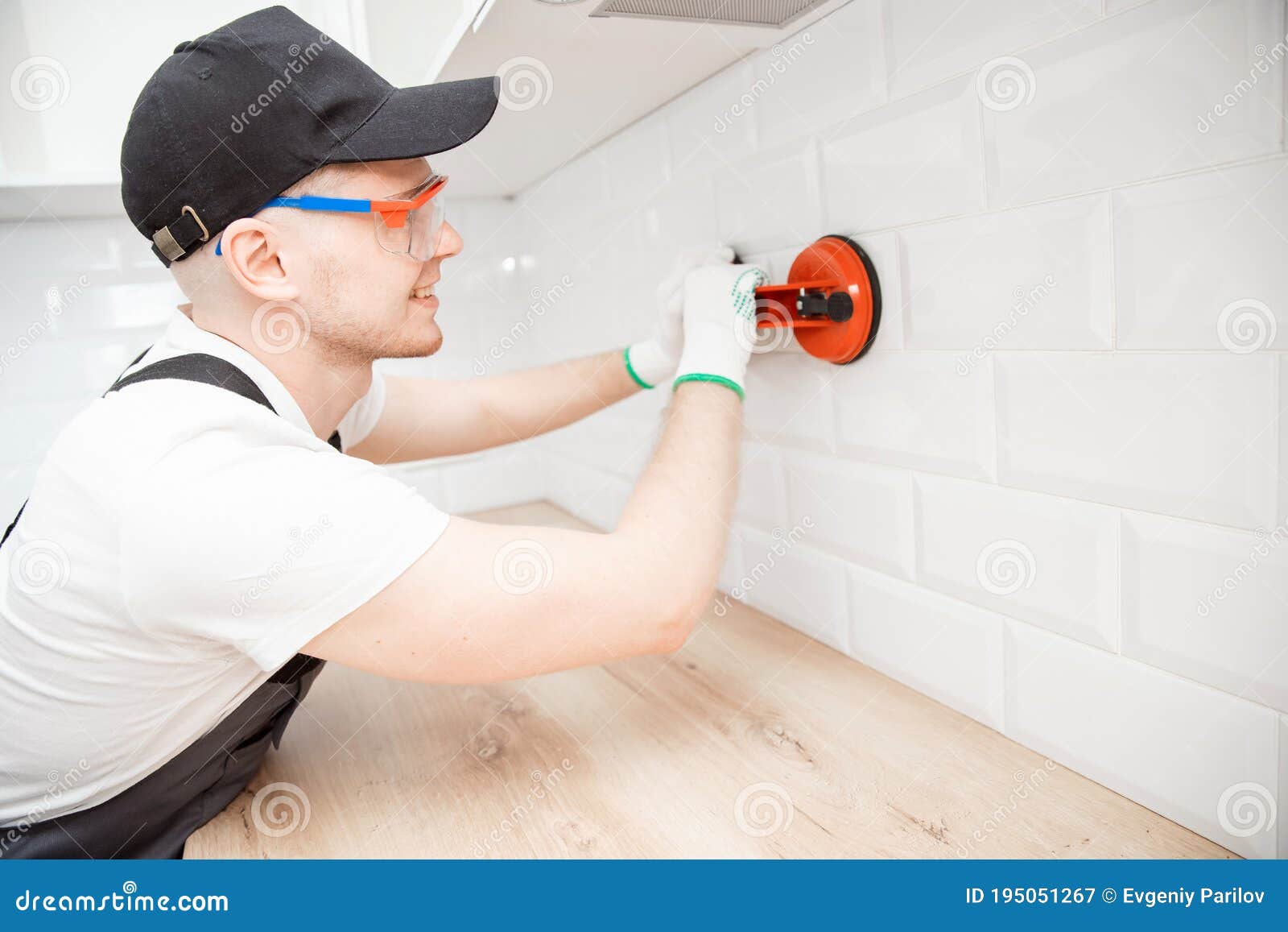 Ceramic Tile with Chamfer Hands in Process of Laying White Rectangular ...