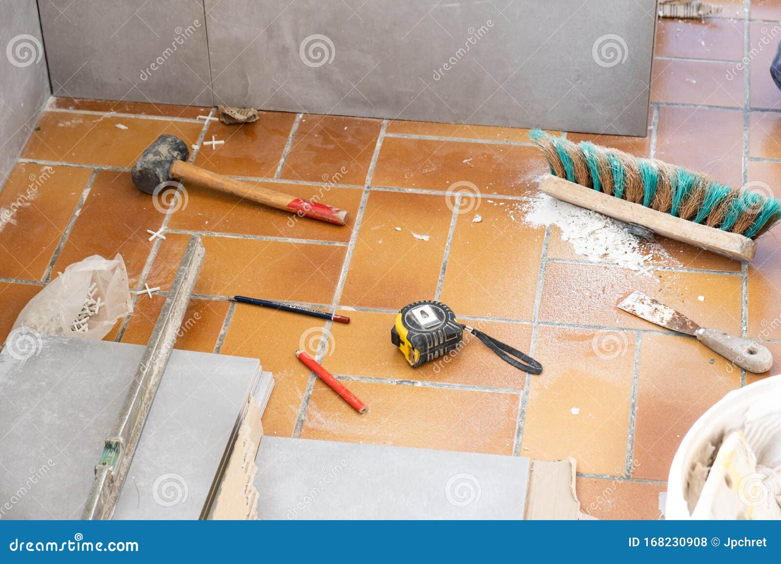 Ceramic Tile Installation Site with Its Tools Stock Photo - Image of ...