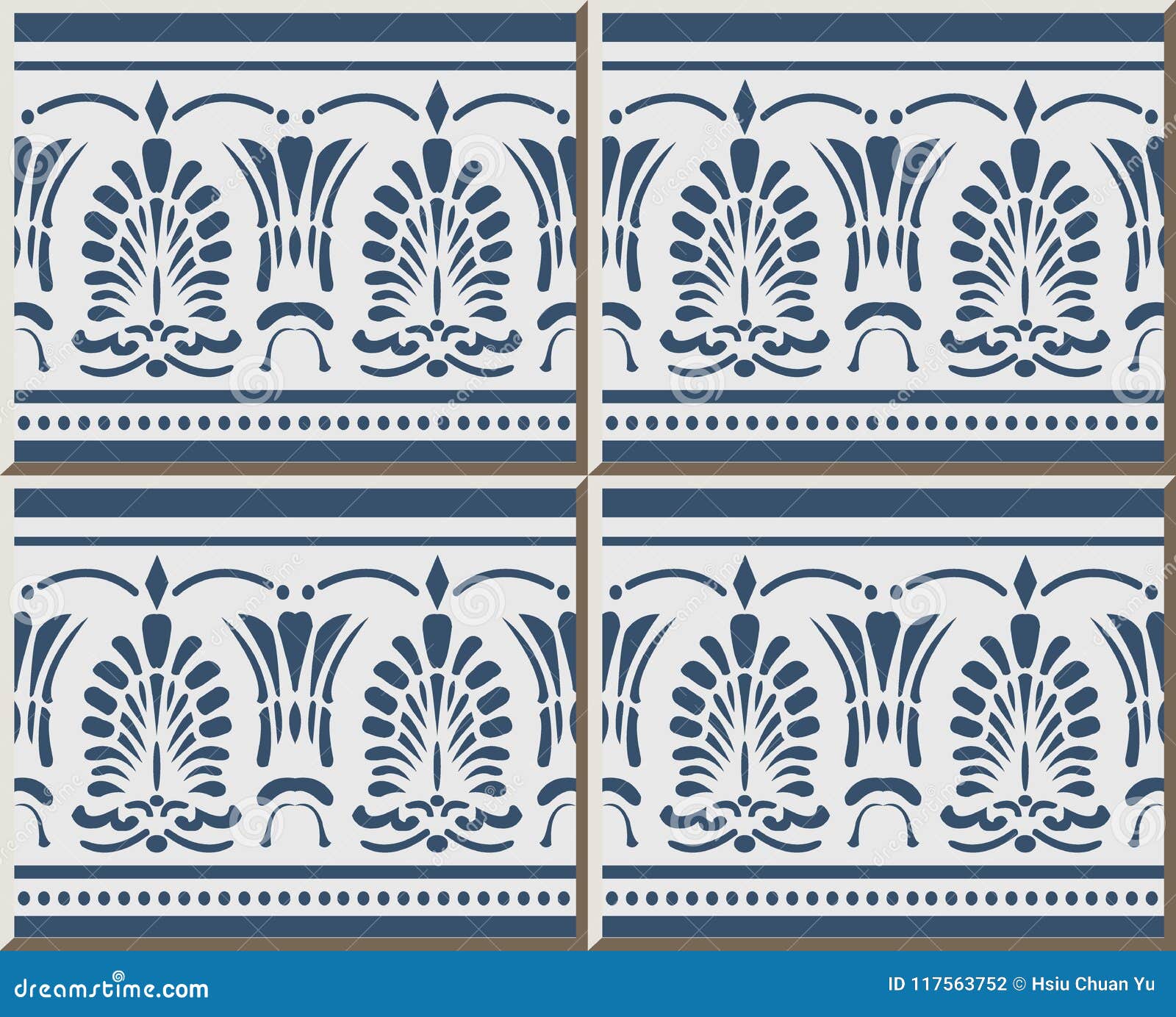 Ceramic Tile Pattern Blue Curve Cross Fan Shape Leaf Dot Line Stock ...